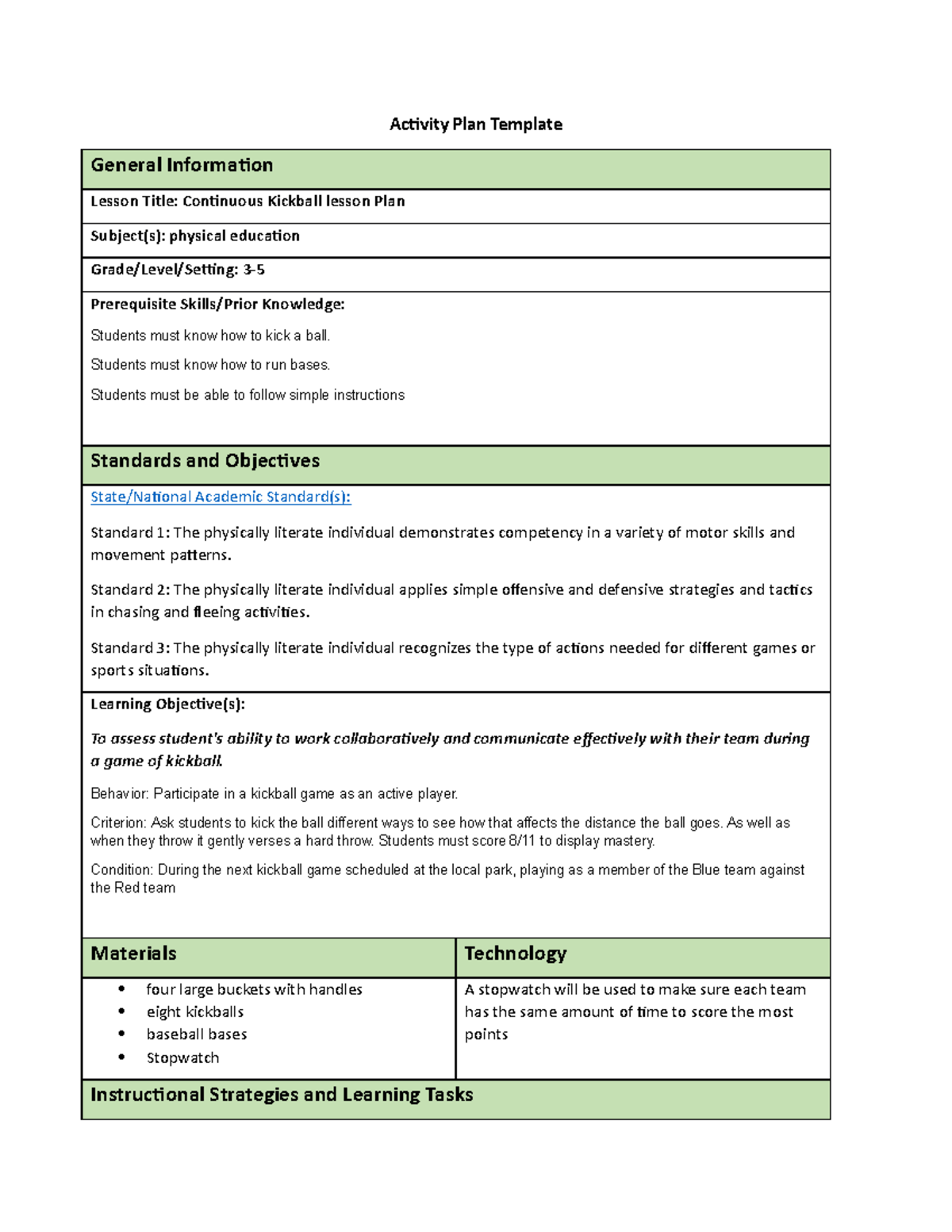 Physical education lesson plan - Activity Plan Template General ...
