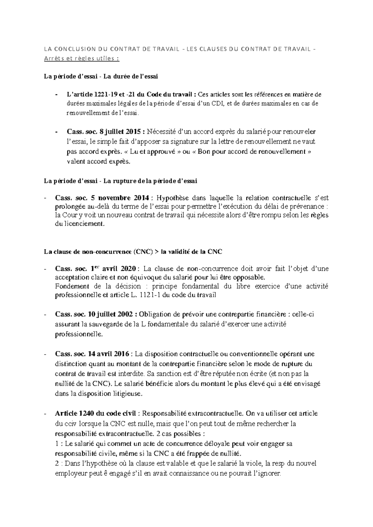 LA CONCLUSION DU CONTRAT DE TRAVAIL : CLAUSES ET JURISPRUDENCE CP - Studocu