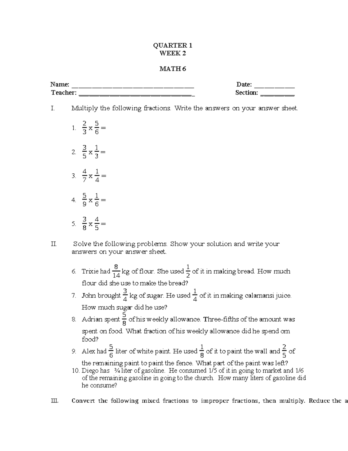 MATH 6 SUM TEST WEEK 2 - FRACTION MULTIPLICATION & PROBLEMS - Studocu