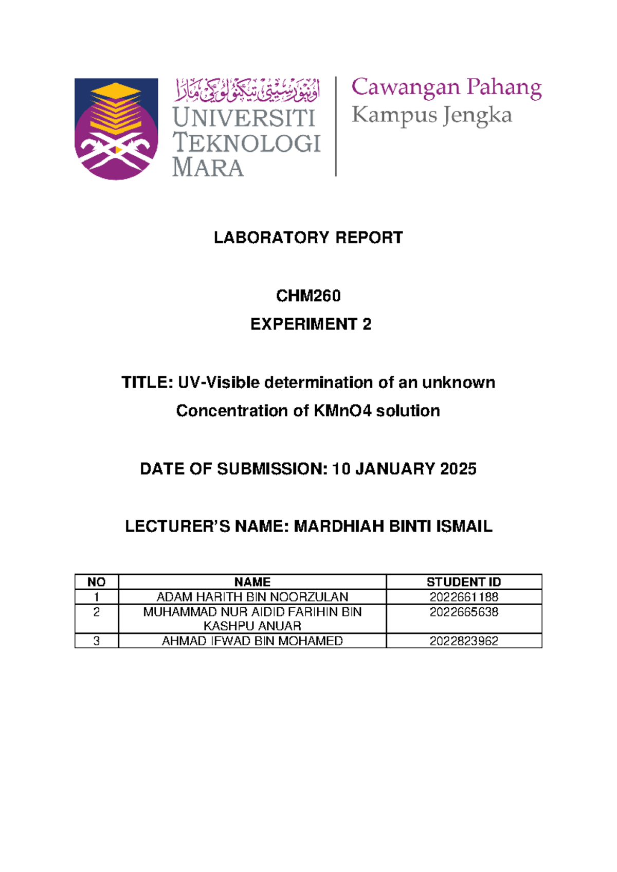Exp 2 chm260 AS1205A - exp 2 - LABORATORY REPORT CHM EXPERIMENT 2 TITLE ...