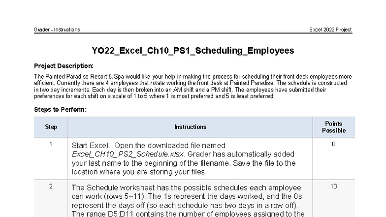 YO22 Excel Ch10 PS1 Scheduling Employees Grader Instructions - Studocu