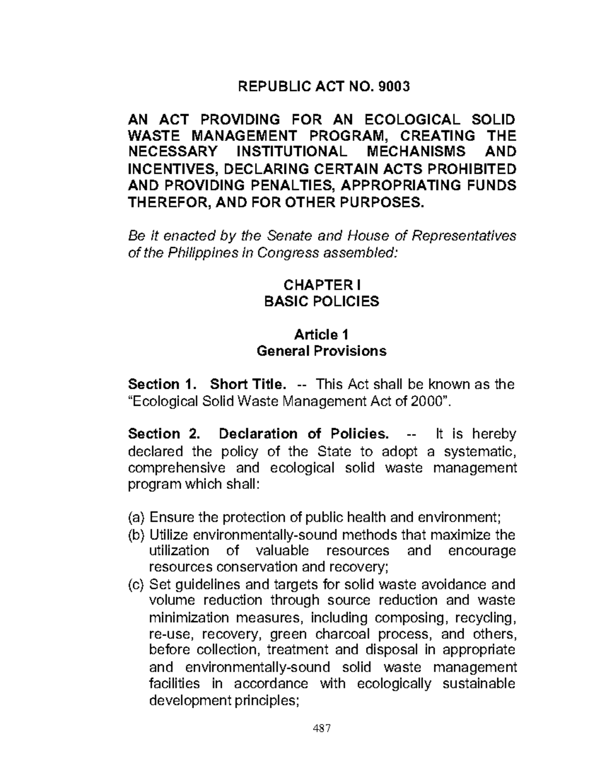 RA 9003: Overview of the Ecological Solid Waste Management Act - Studocu