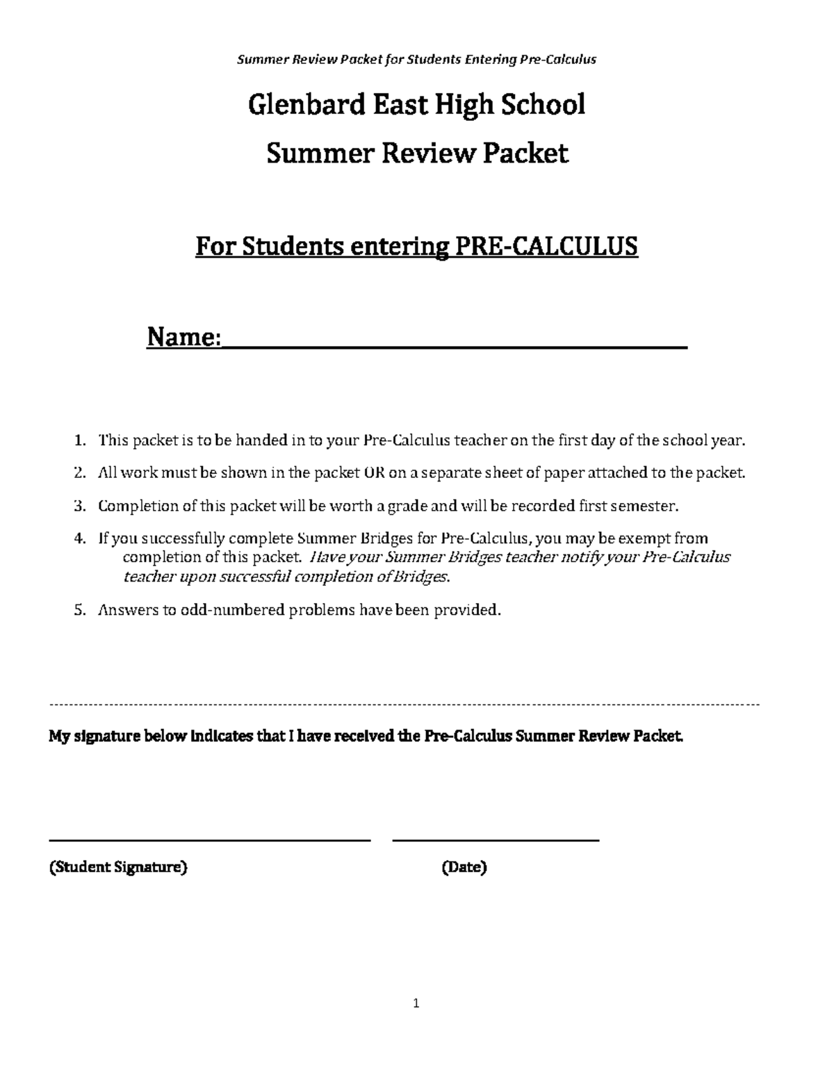 Summer Review Packet for Pre-Calc Students Entering Glenbard East - Studocu