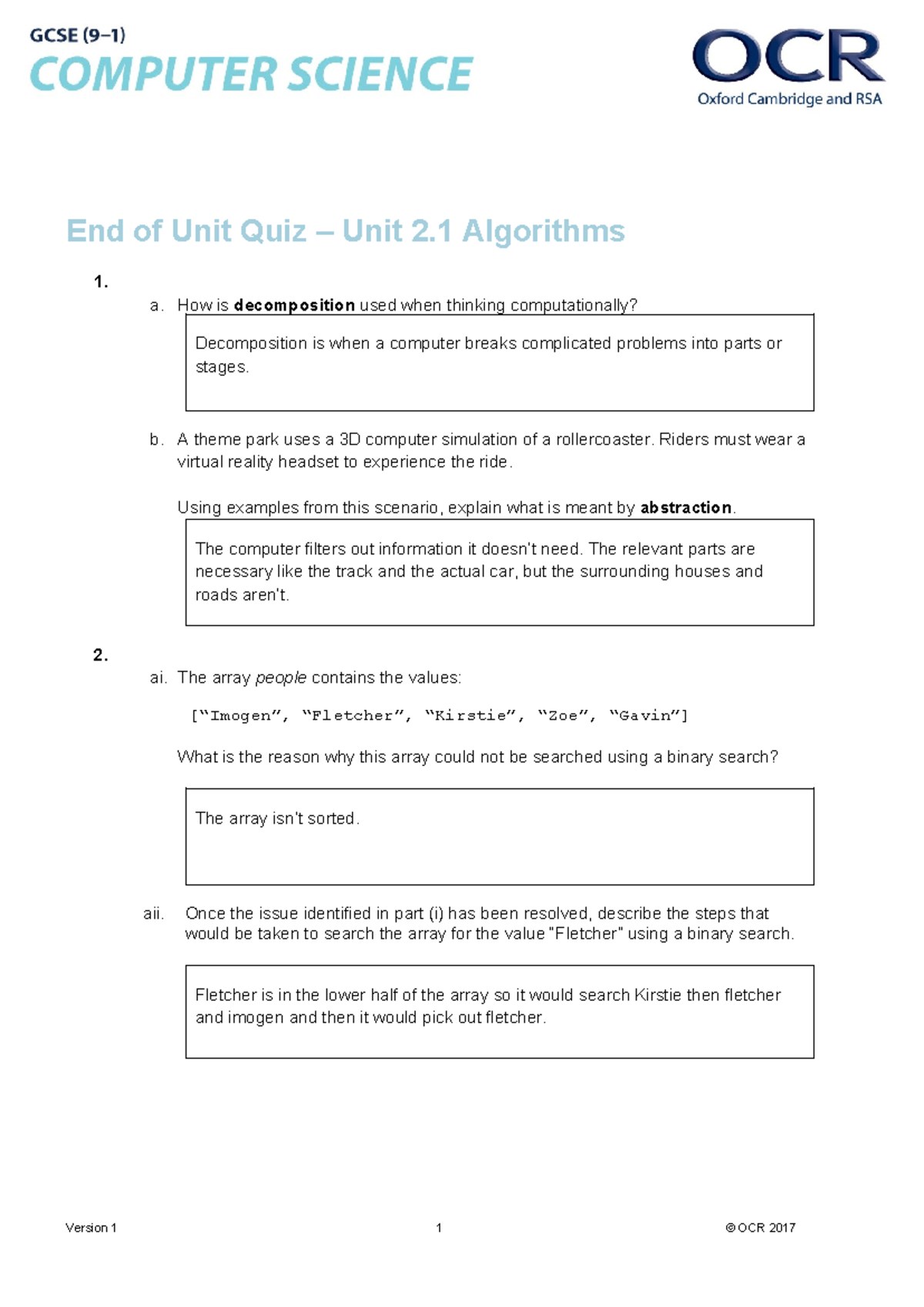 Computer Science - Unit 2.1 Quiz on Algorithms and Search Methods - Studocu