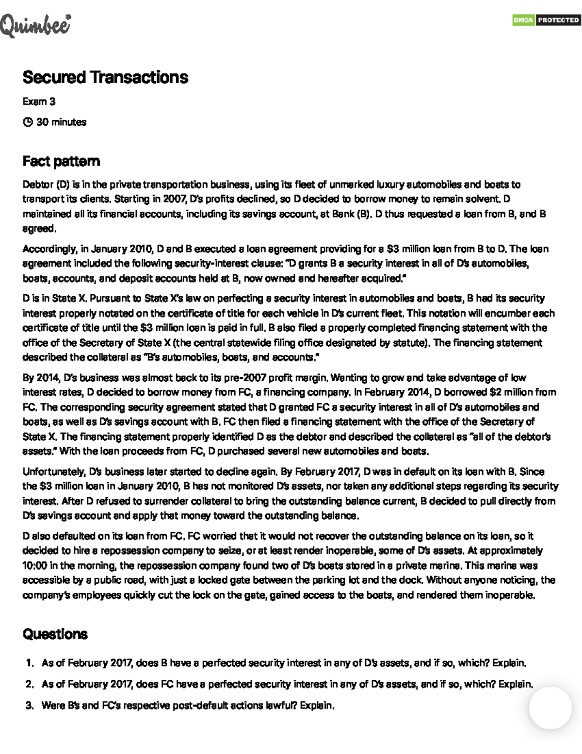Essay Practice Q 3 - outline - Secured Transactions Exam 3 30 minutes ...