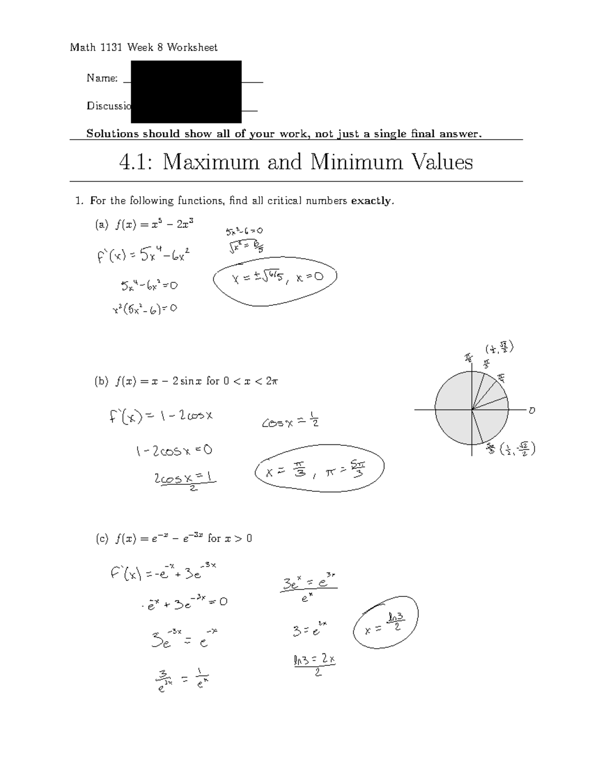 Week8-4.1 4.2 copy - Week 8 Assignment - Math 1131 Week 8 Worksheet Name: Discussion Section ...