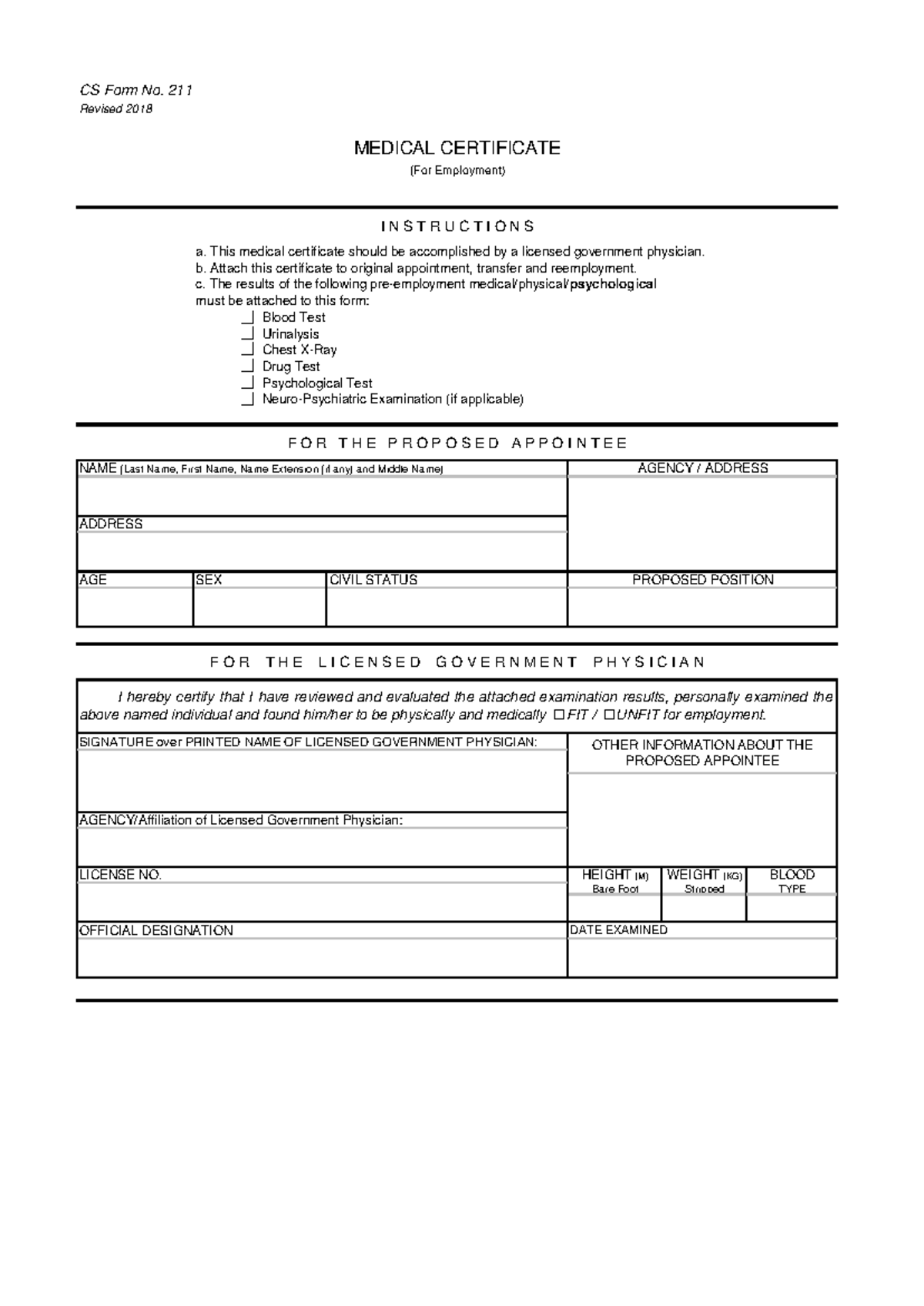 CS Form No. 211 - Medical Certificate for Employment Evaluation - Studocu