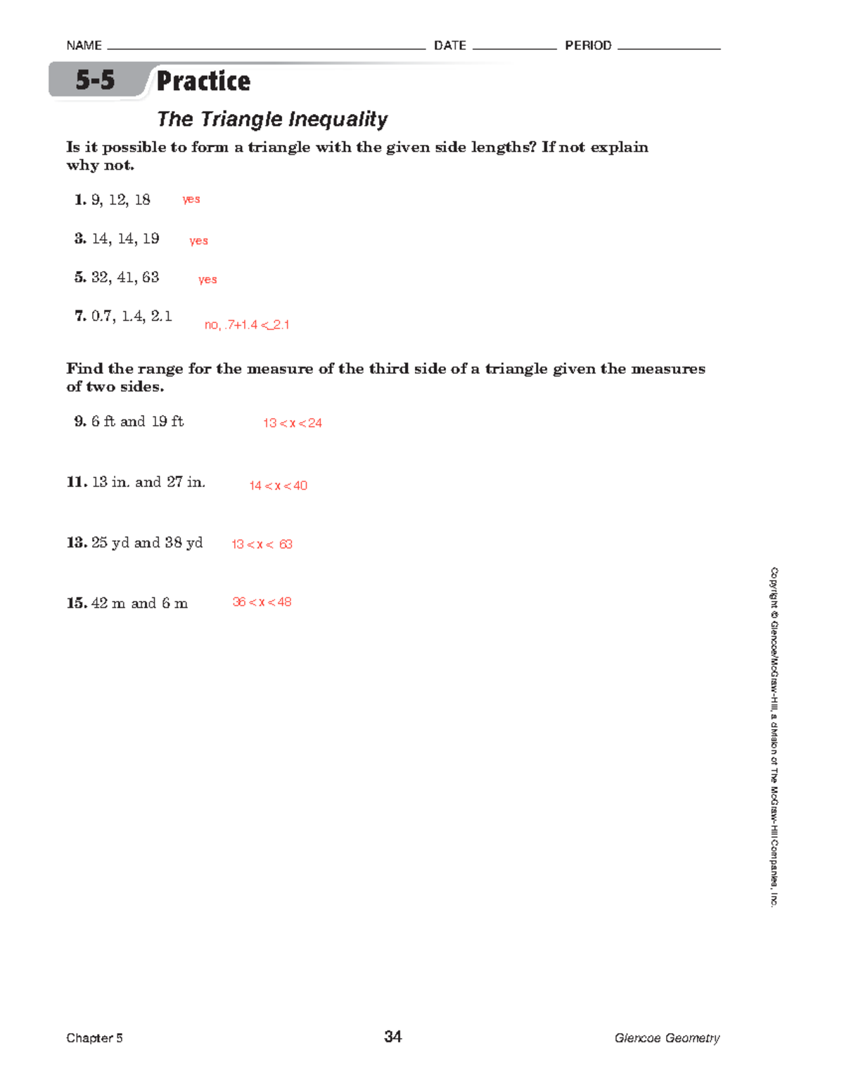 5.5 Triangle Inequality Theorem Assignment - Copyright © Glencoe/McGraw ...