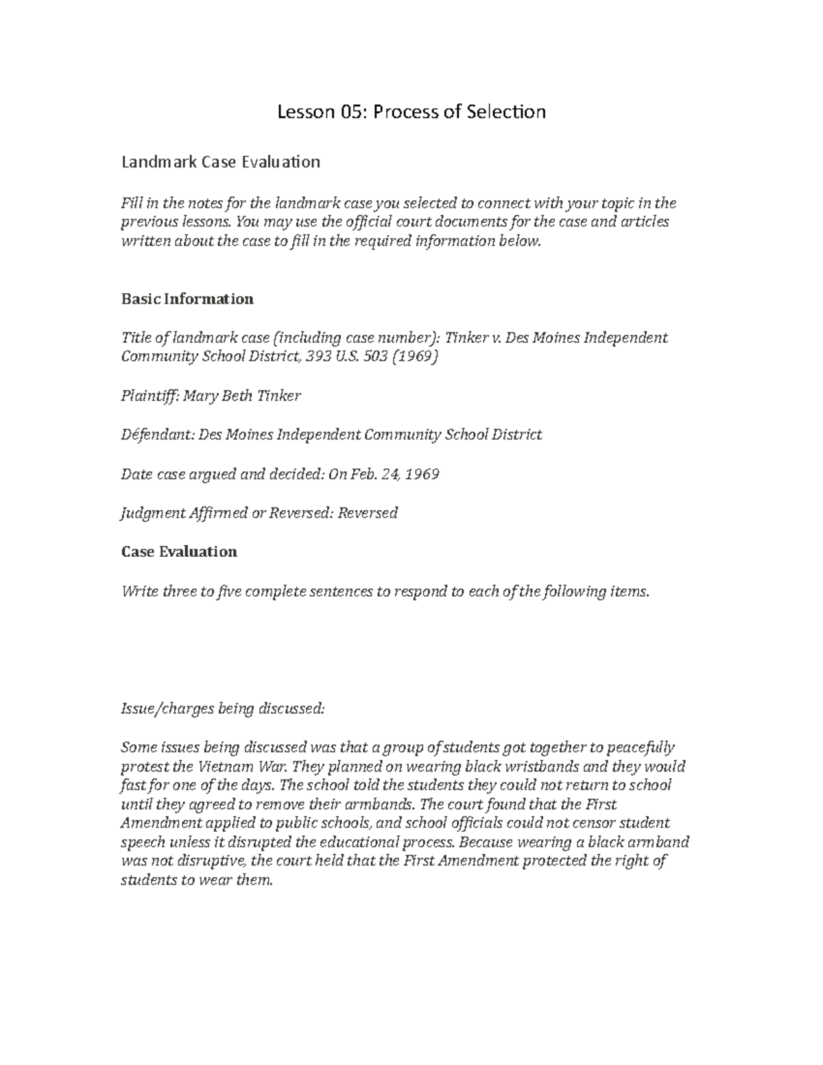 3 - Landmark Case Analysis: Tinker v. Des Moines (Final Essay) - Studocu