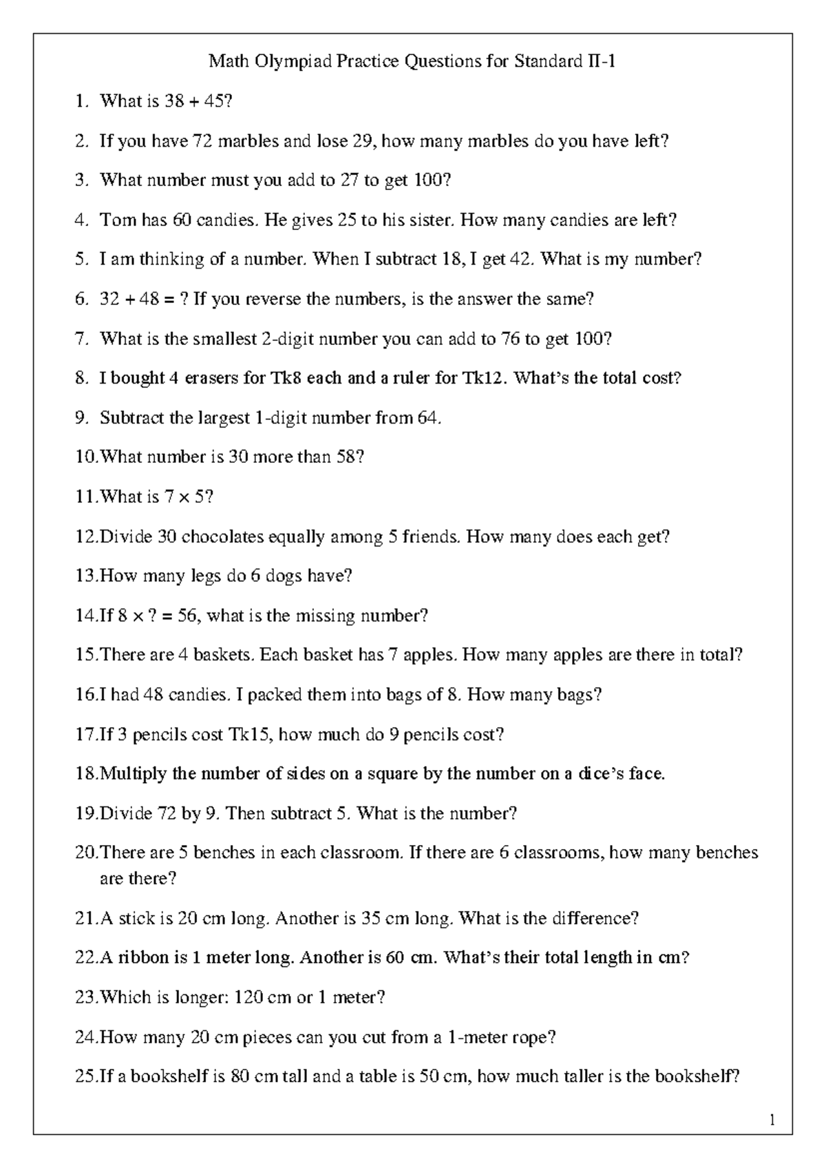 Math Olympiad Practice Questions for Standard II-1 - Studocu