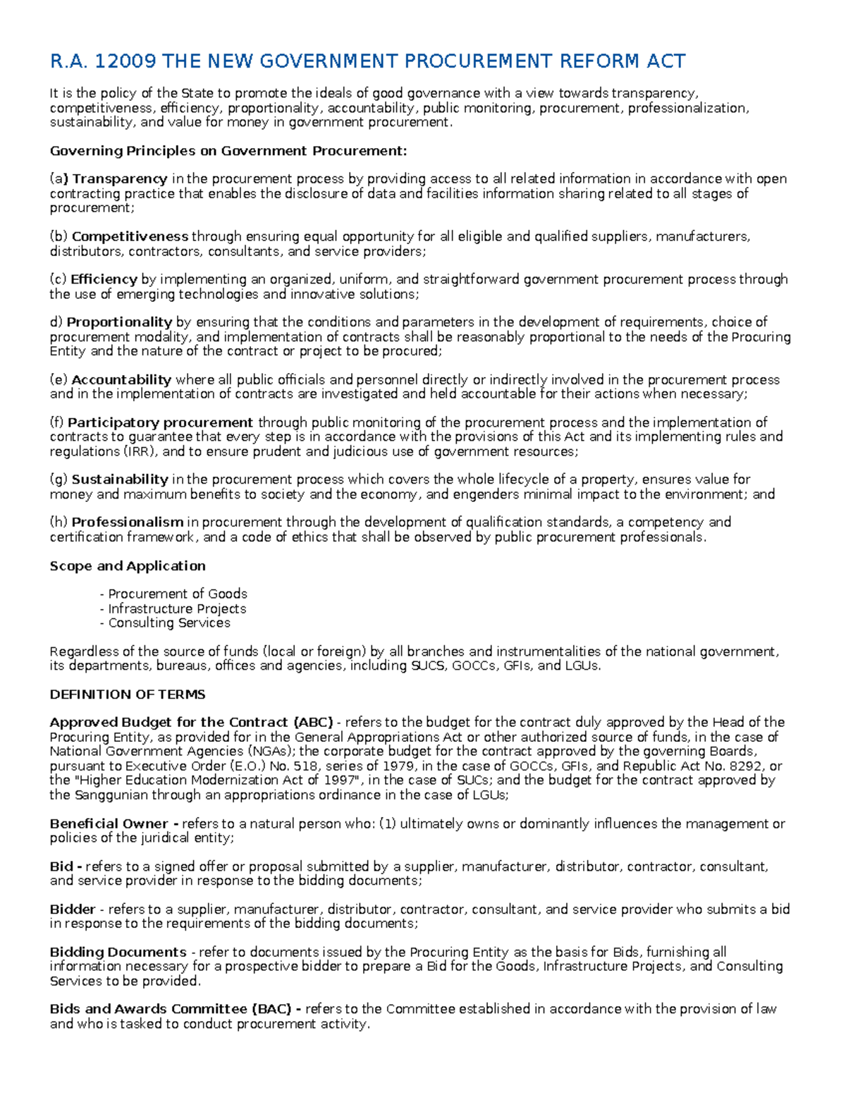 RA 12009: Overview of the New Government Procurement Reform Act - Studocu