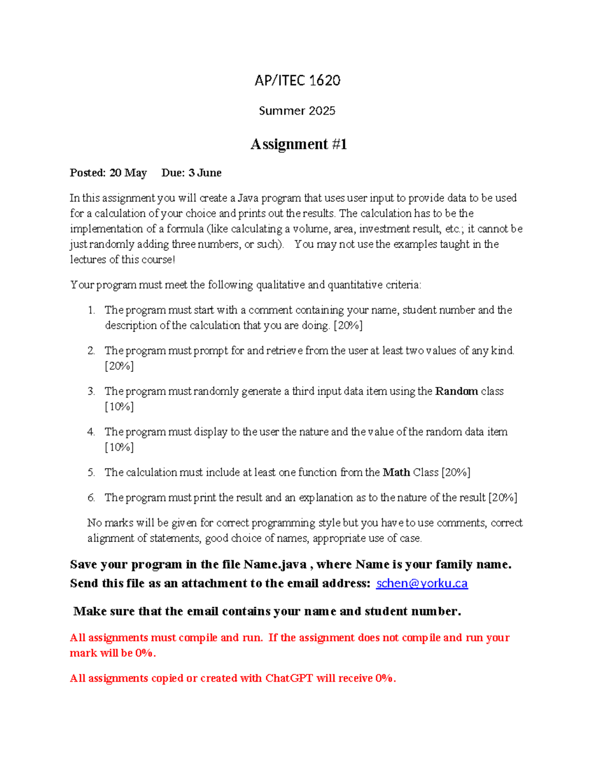 1620 Summer 2025: Java Program Assignment Guidelines - Studocu