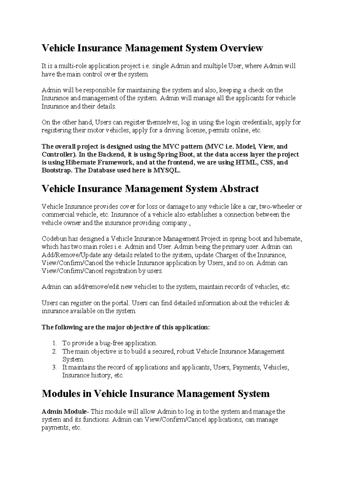 Vehicle Insurance Management System Project Overview (CS101) - Studocu