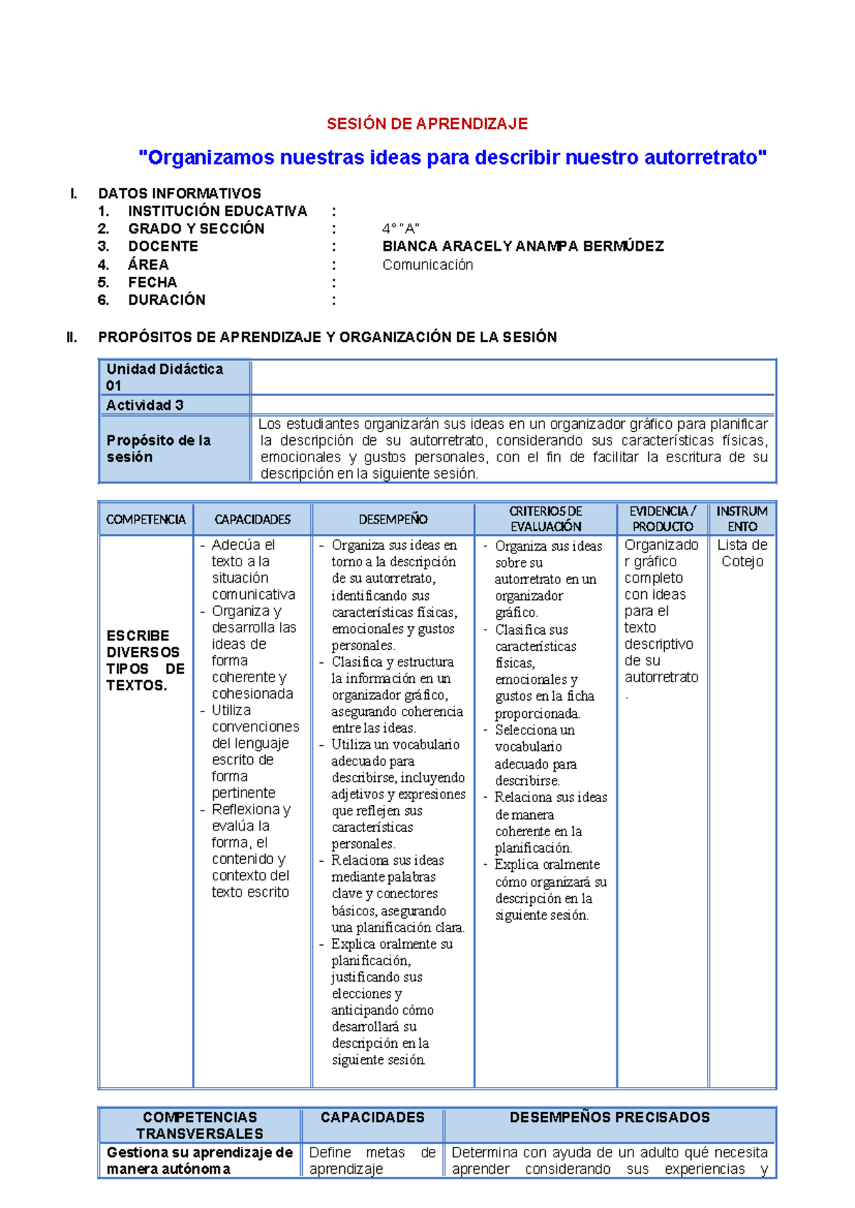 Sesión de aprendizaje: planificación del autorretrato en comunicación ...