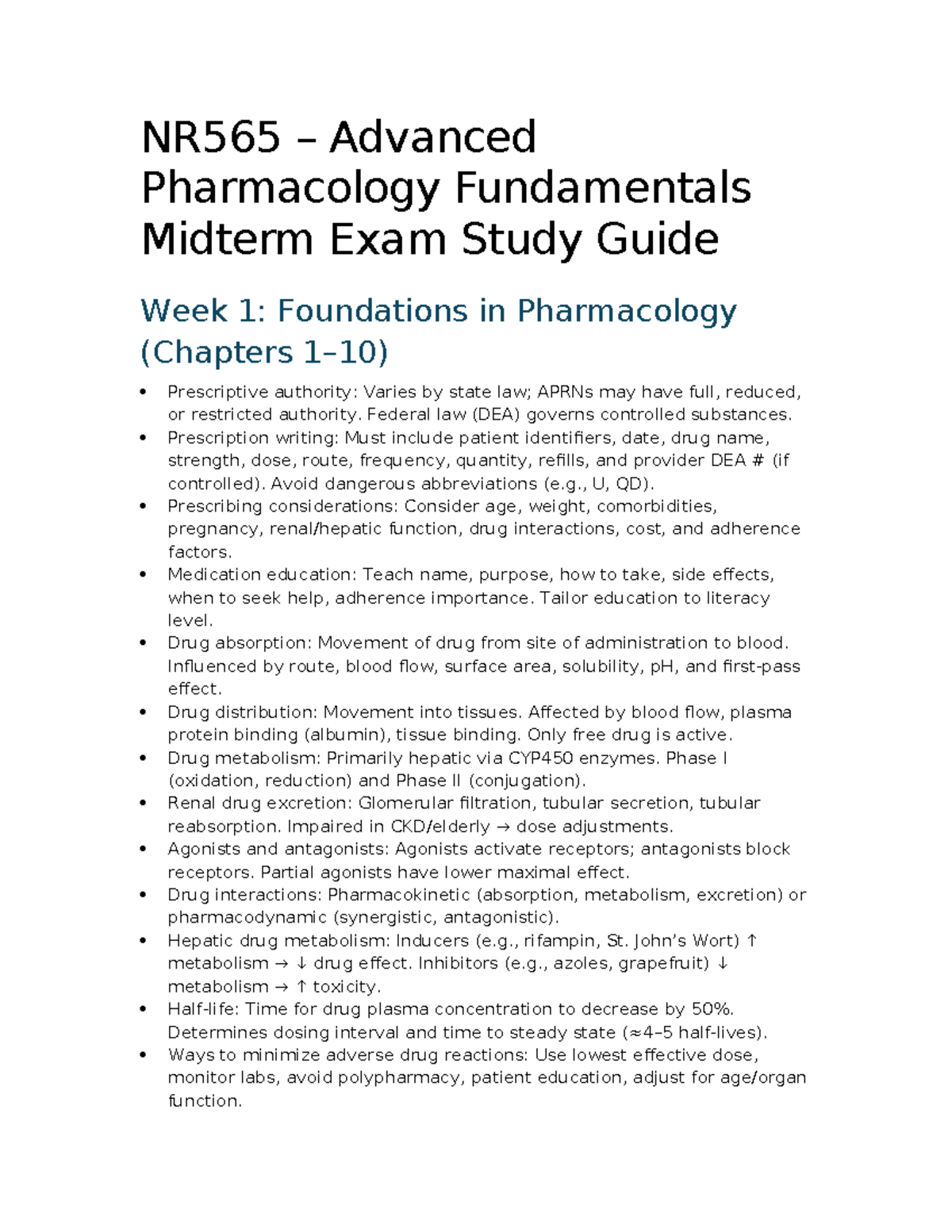 NR565 Advanced Pharmacology Midterm Exam Study Guide: Key Concepts and Drugs - Studocu