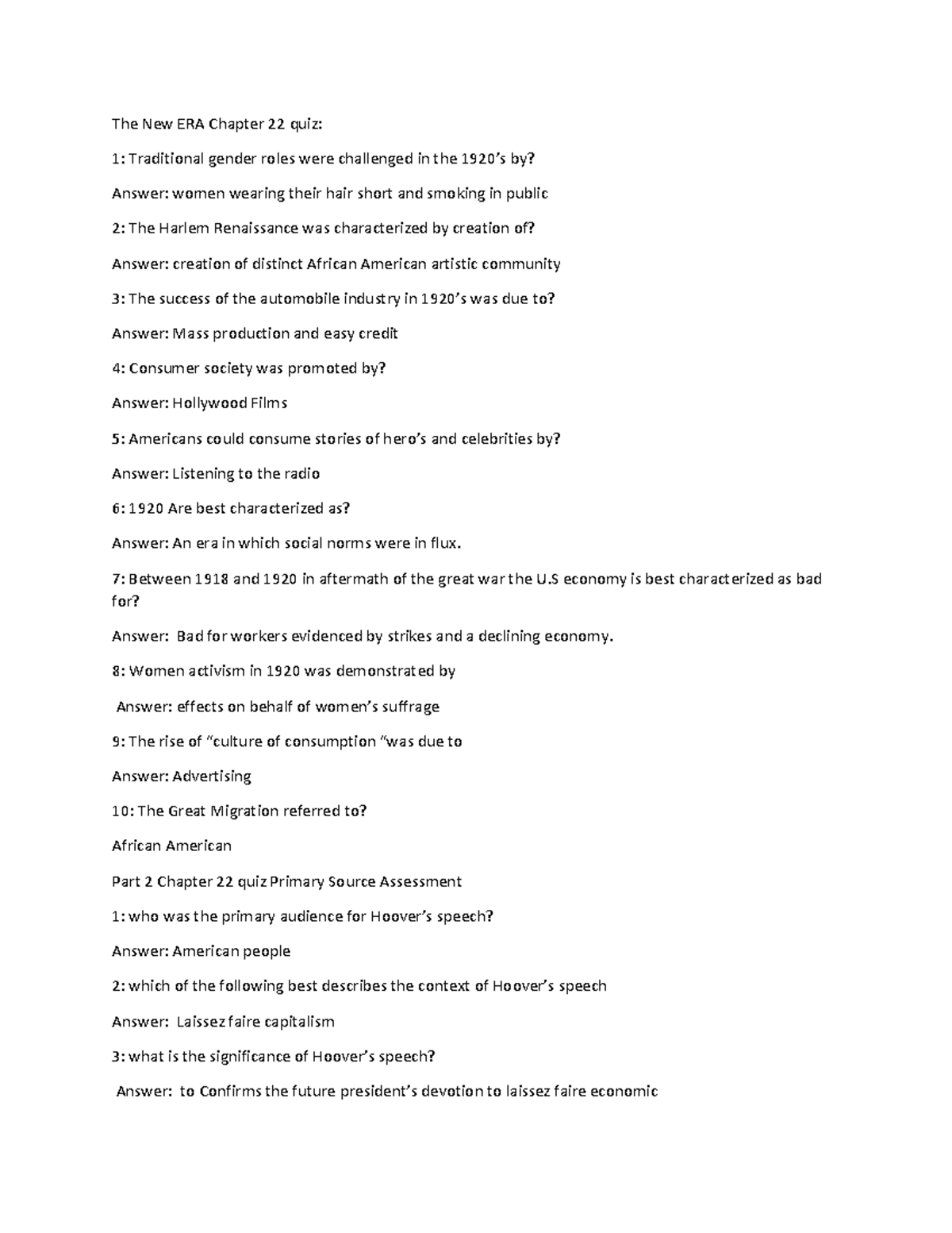 The New ERA Chapter 22 Quiz: Key Topics and Answers Review - Studocu