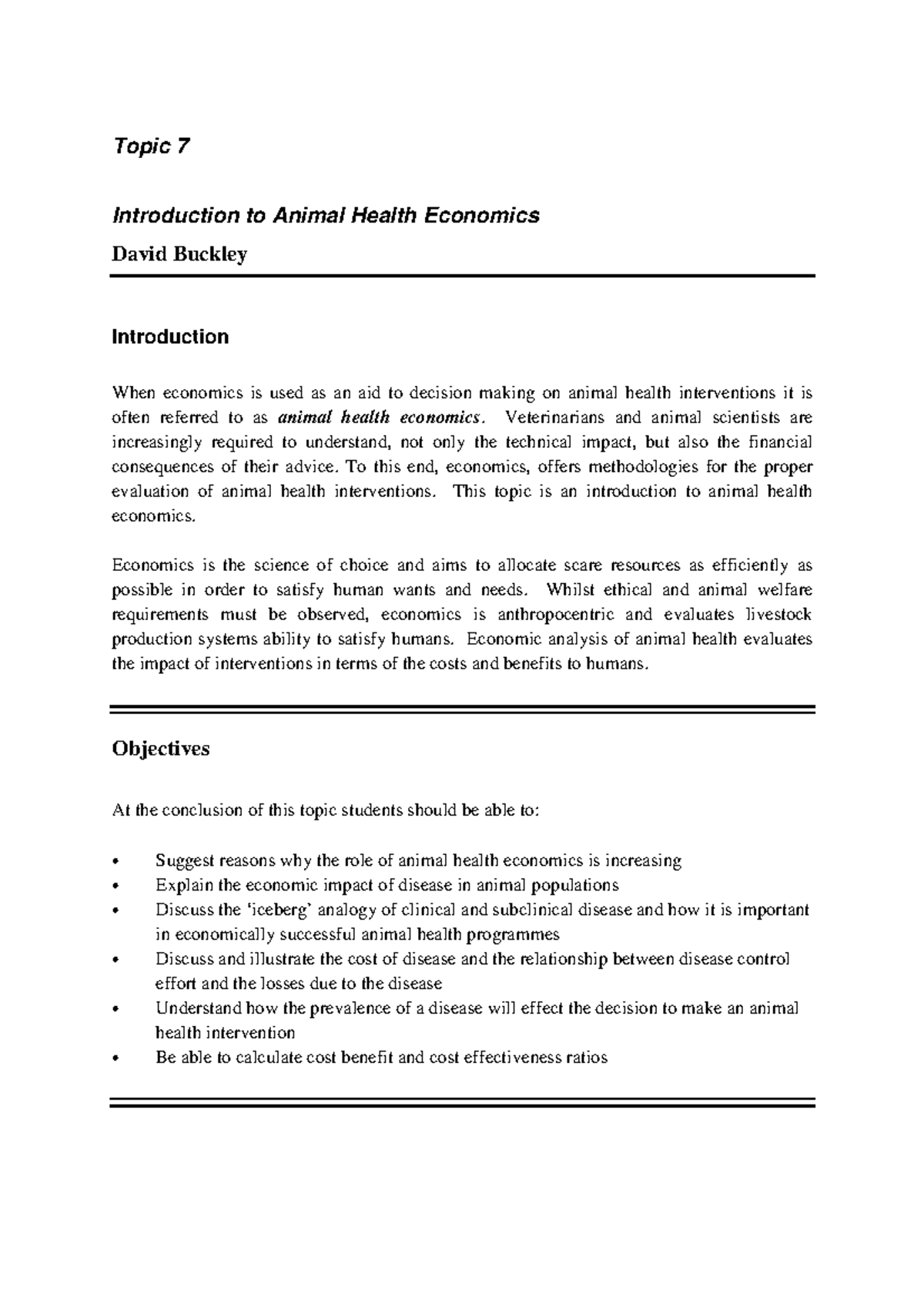 Introduction to Animal Health Economics - Topic 7 - Studocu