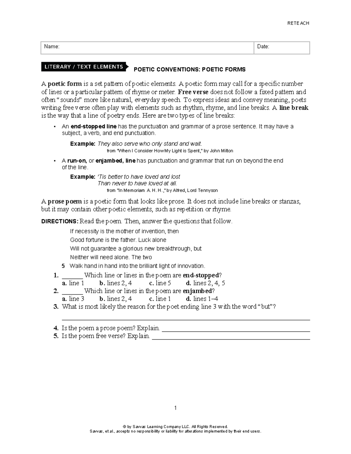 Poetic Forms - Work - RETEACH 1 © by Savvas Learning Company LLC. All ...