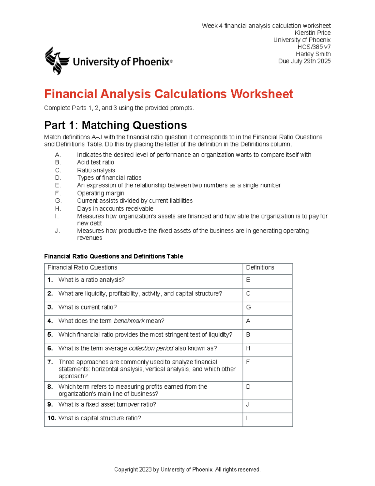 HCS385 v7 Week 4 Financial Analysis Calculations Worksheet - Studocu