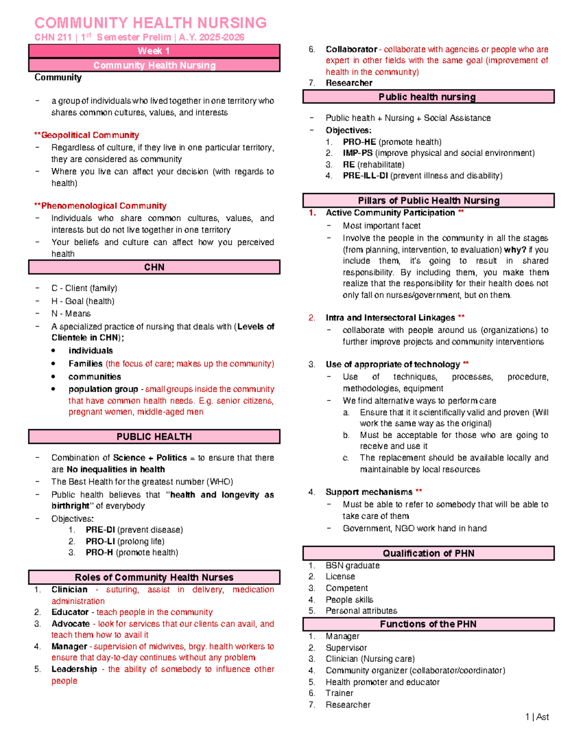 Community Health Nursing CHN 211 1st Sem Prelim Week 1 Overview - Studocu
