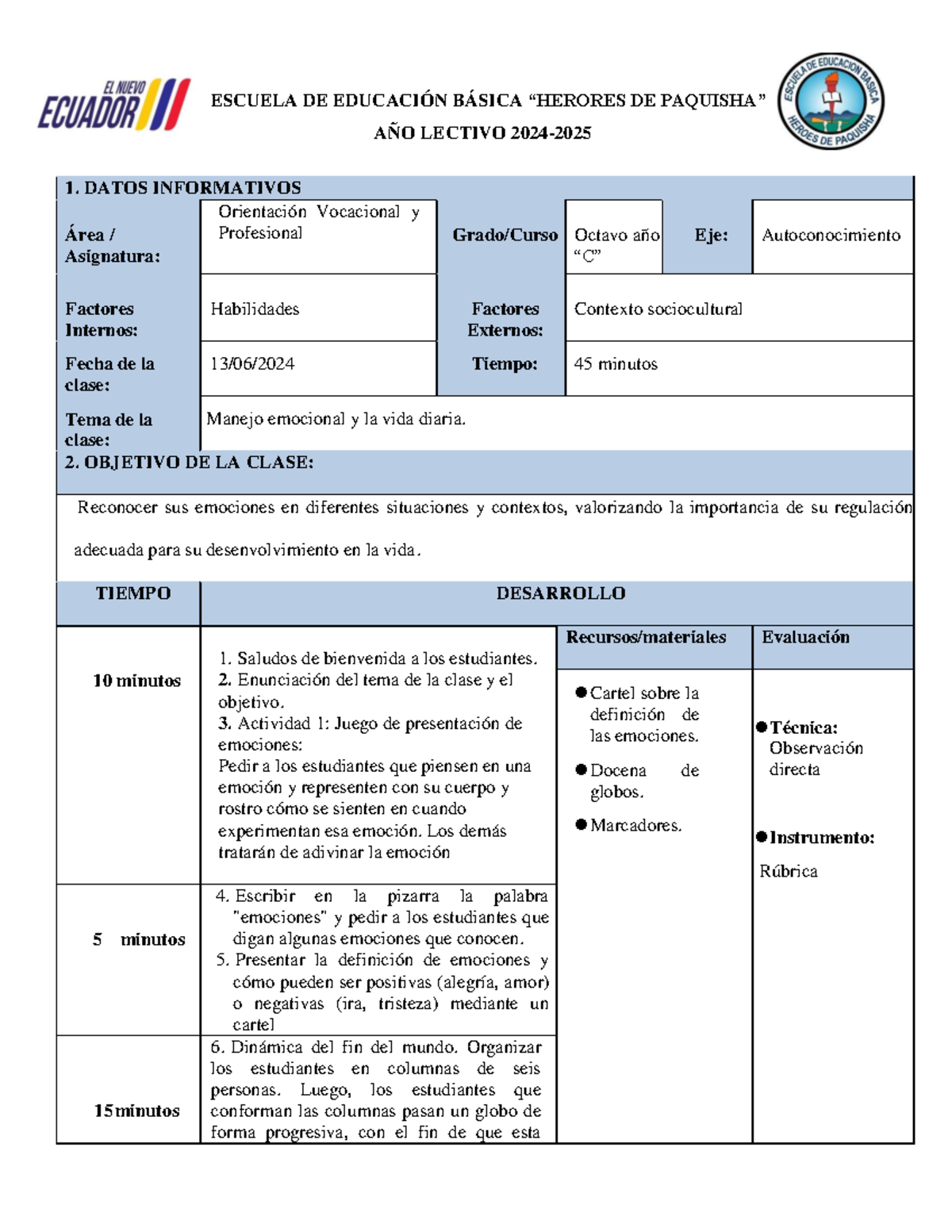 Planificación de Clase OVP para Grado Octavo: Manejo Emocional - Studocu