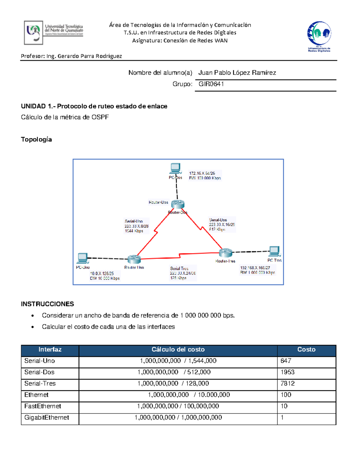 Cálculo de la Métrica OSPF - Ejercicio 3, T.S. Redes WAN - Studocu