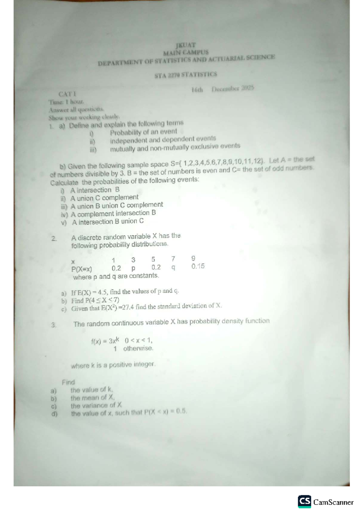 STA 2270 STATISTICS CAT I - Exam Questions & Solutions - Studocu
