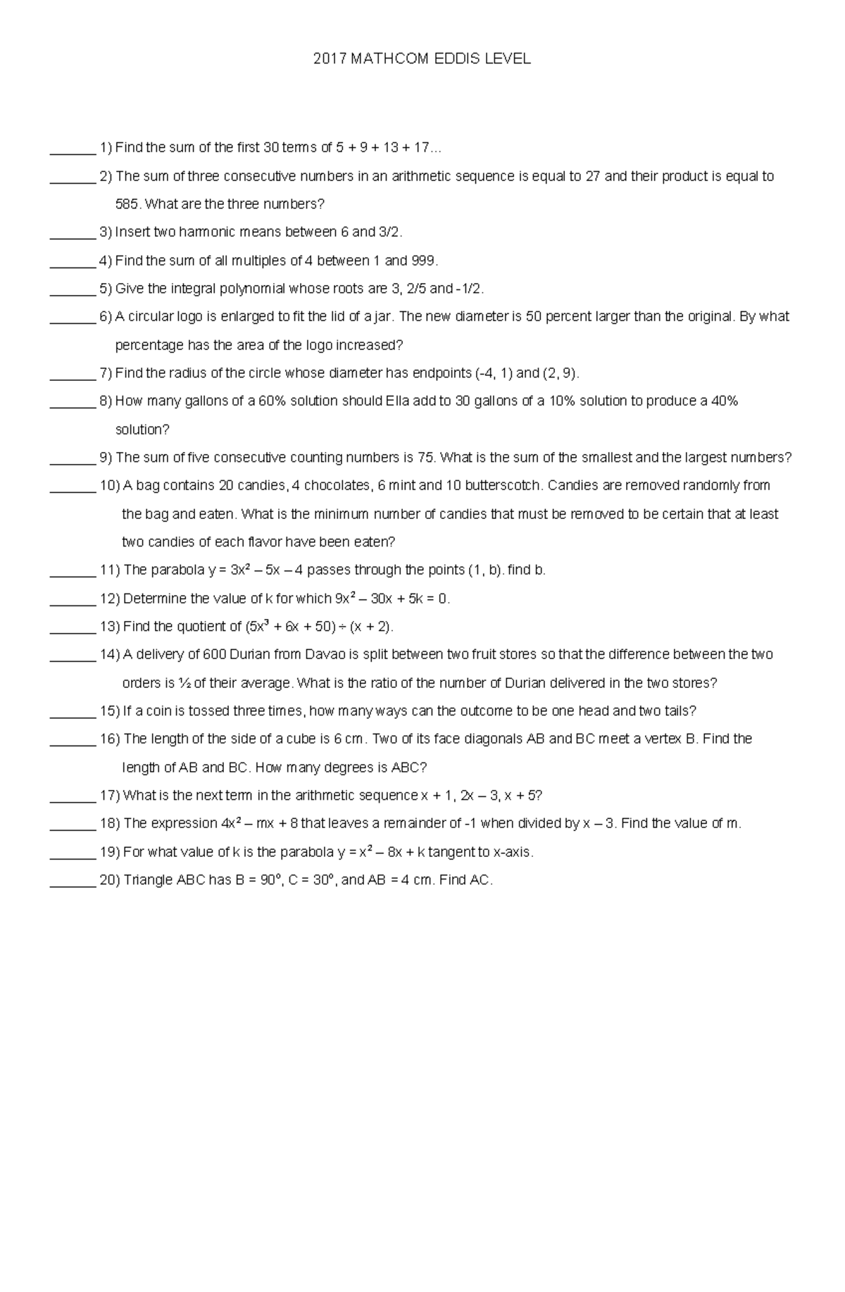 2017 Mathcom Eddis Level - 2017 MATHCOM EDDIS LEVEL ______ 1) Find the ...
