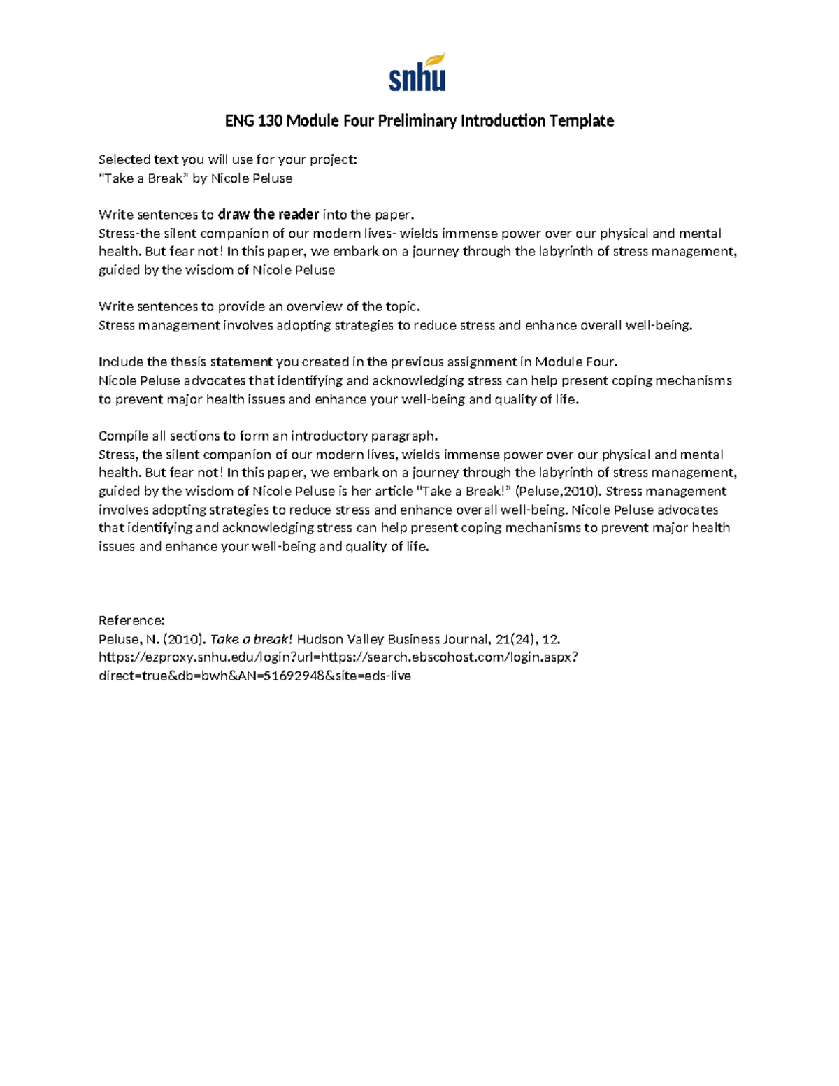ENG 130 Module 4 Introductory Paragraph on Stress Management - Studocu