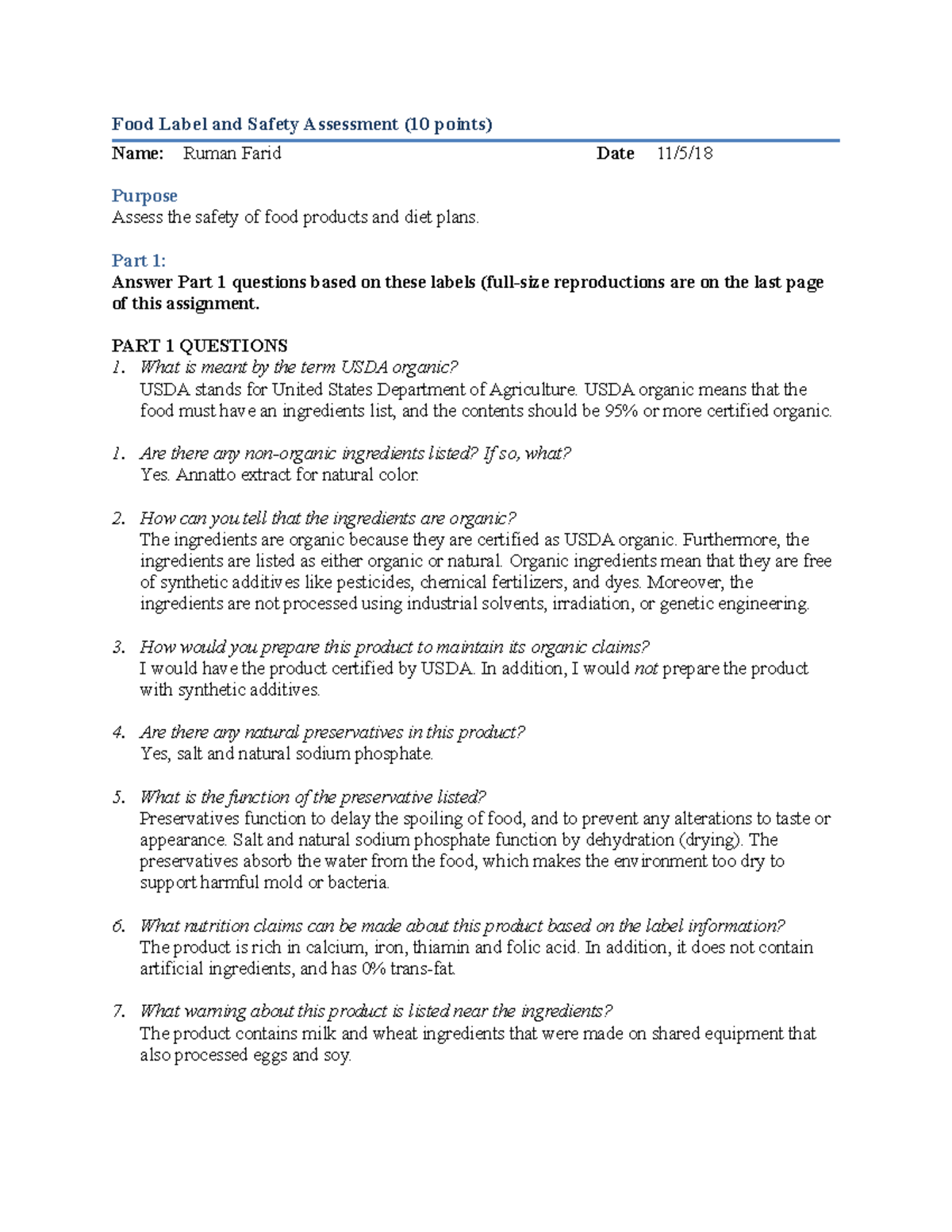 Assignment 5: Food Safety - Food Label & Meal Plan Assessment - Studocu