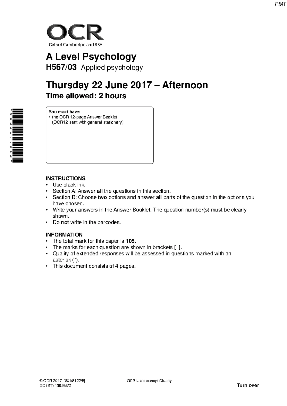 June 2019 A Level Psychology Paper 3 QP - OCR Exam Details - Studocu