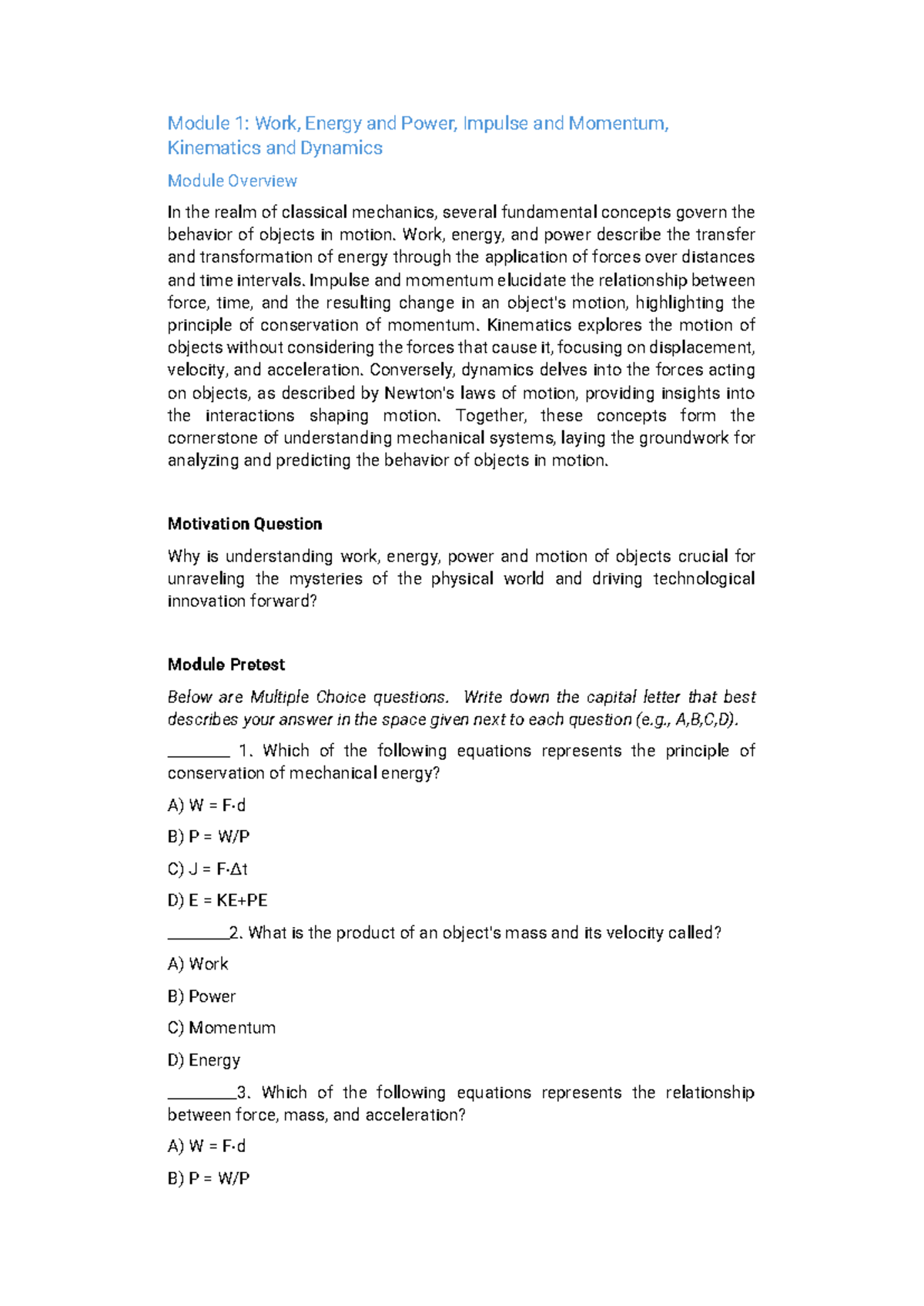 Physics-Module-1: Work, Energy, Power & Motion Concepts and Pretest ...