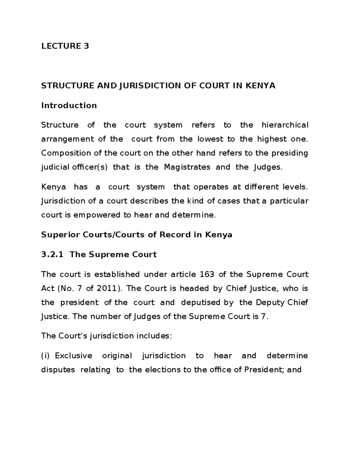 LECTURE 3: STRUCTURE AND JURISDICTION OF COURTS IN KENYA - Studocu