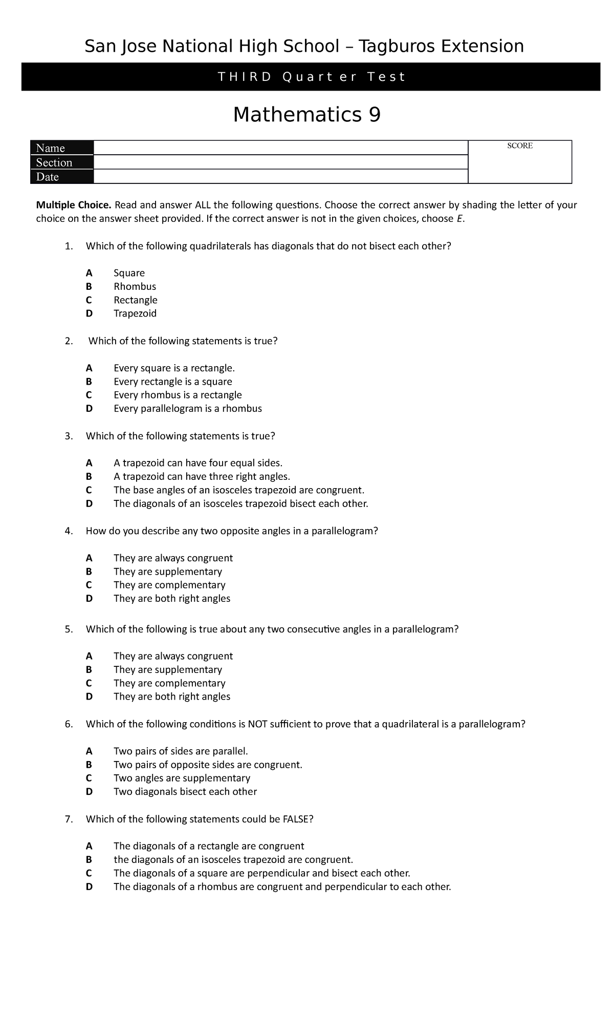 Grade 9 Math 385963884 Third Quarter Exam Review Questions - Studocu