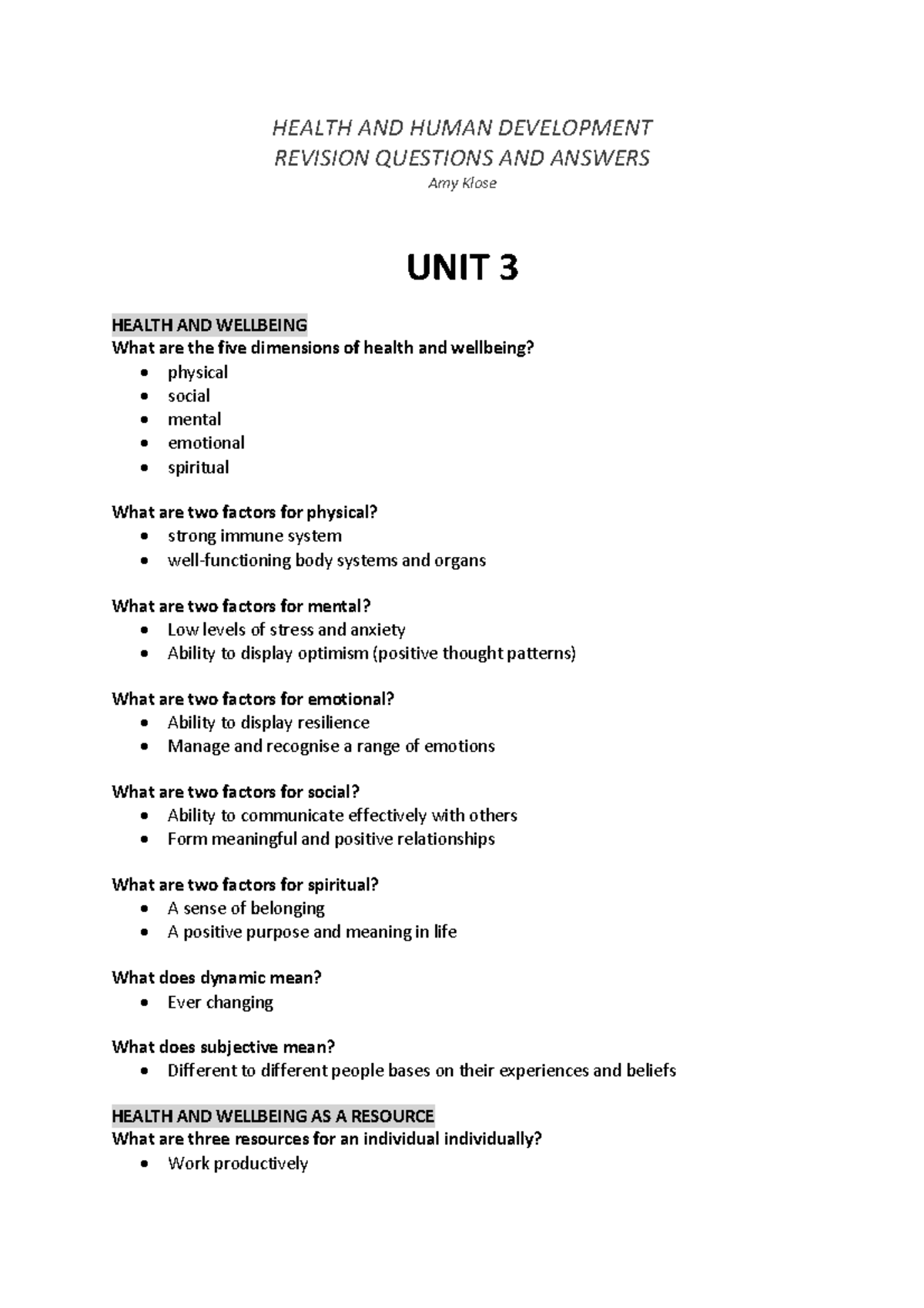 HHD Revision Questions and Answers for Units 3 & 4 Study Guide - Studocu