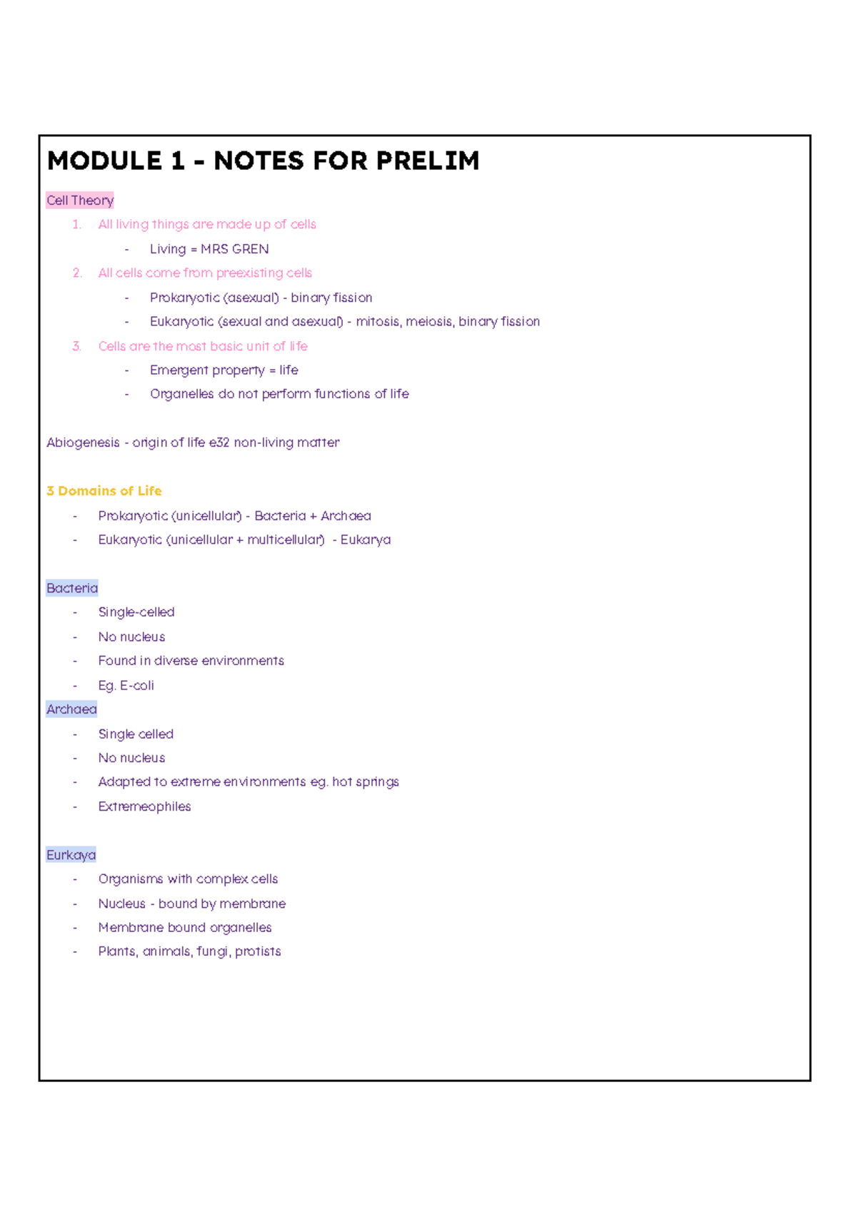 Biology Prelim Notes: Understanding Cell Theory and Structure - Studocu