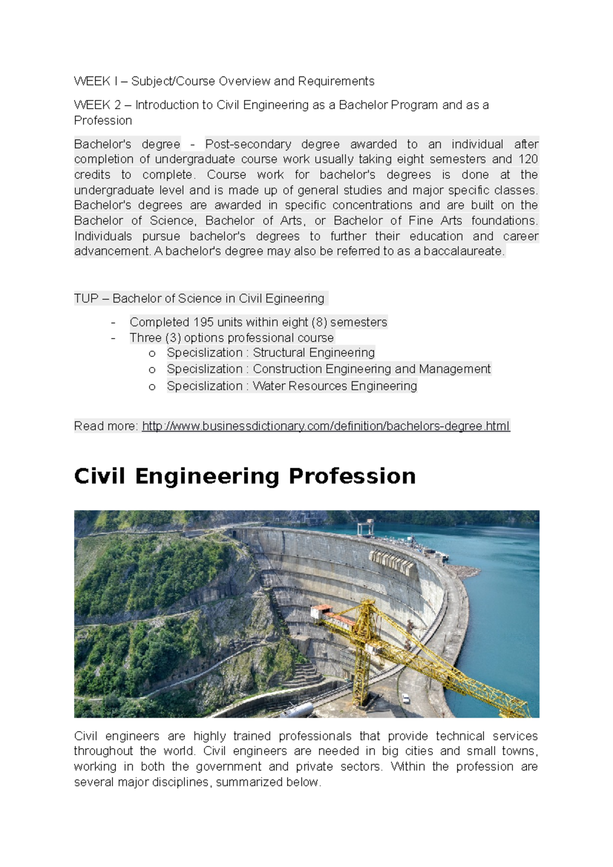 Civil Engineering Orientation pdf - WEEK I – Subject/Course Overview ...