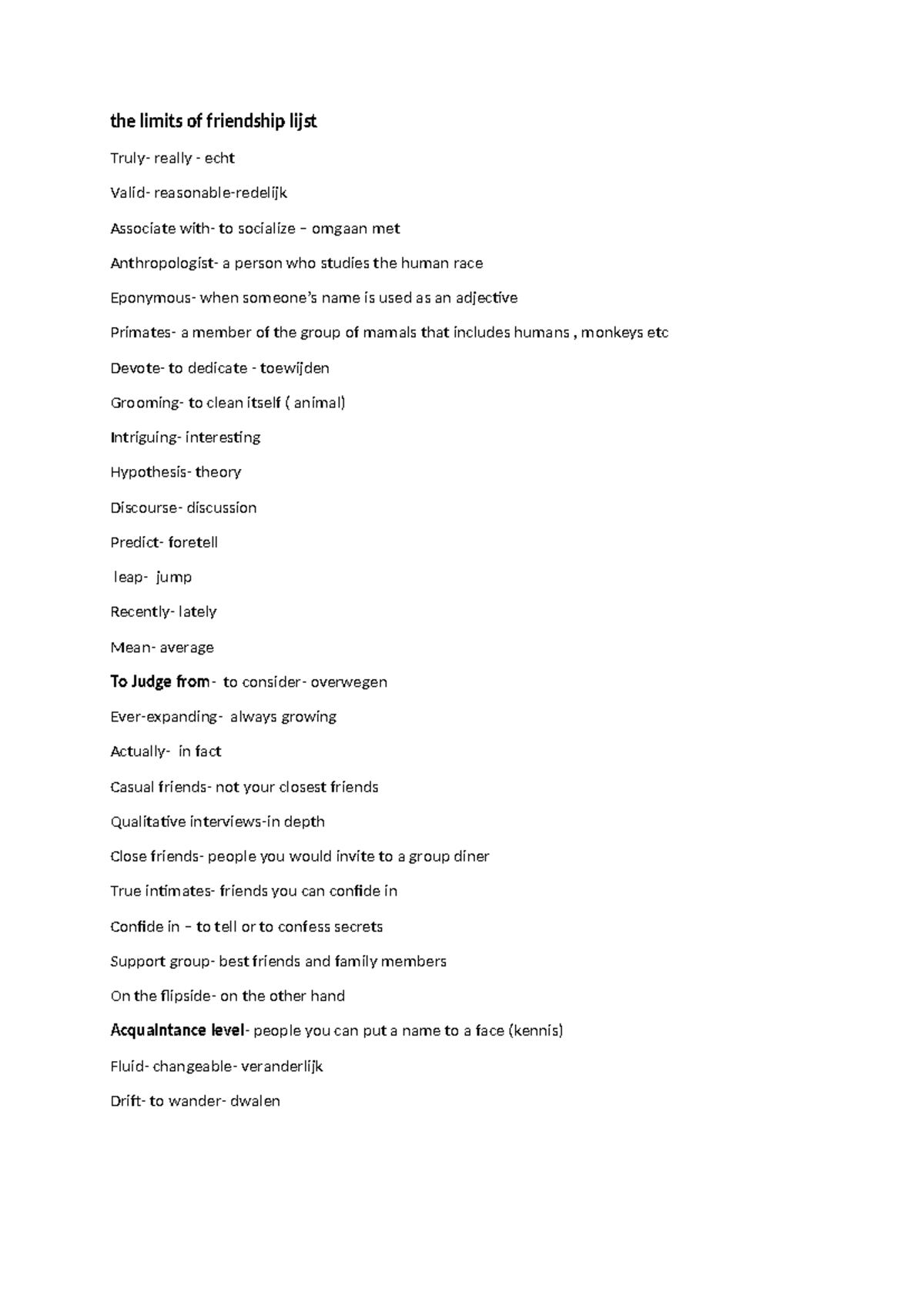 The Limits of Friendship: Key Terms and Concepts List - Studeersnel