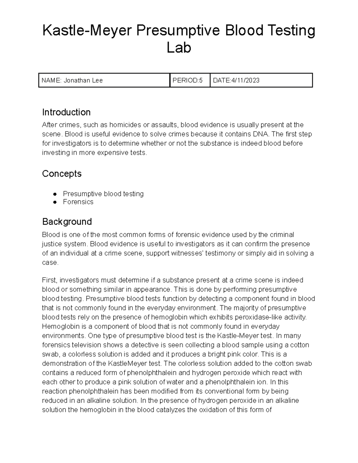LAB: Kastle-Meyer Presumptive Blood Testing by Jonathan Lee - Studocu