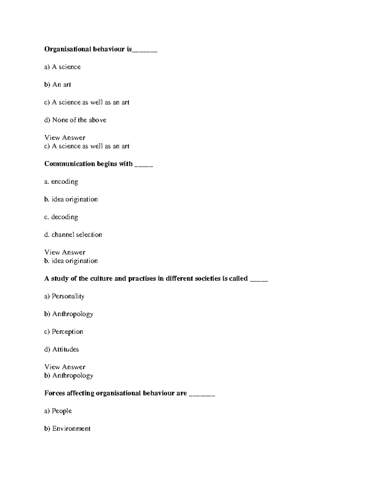 Obd Organizational Behavior Multiple Choice Question Answers ...