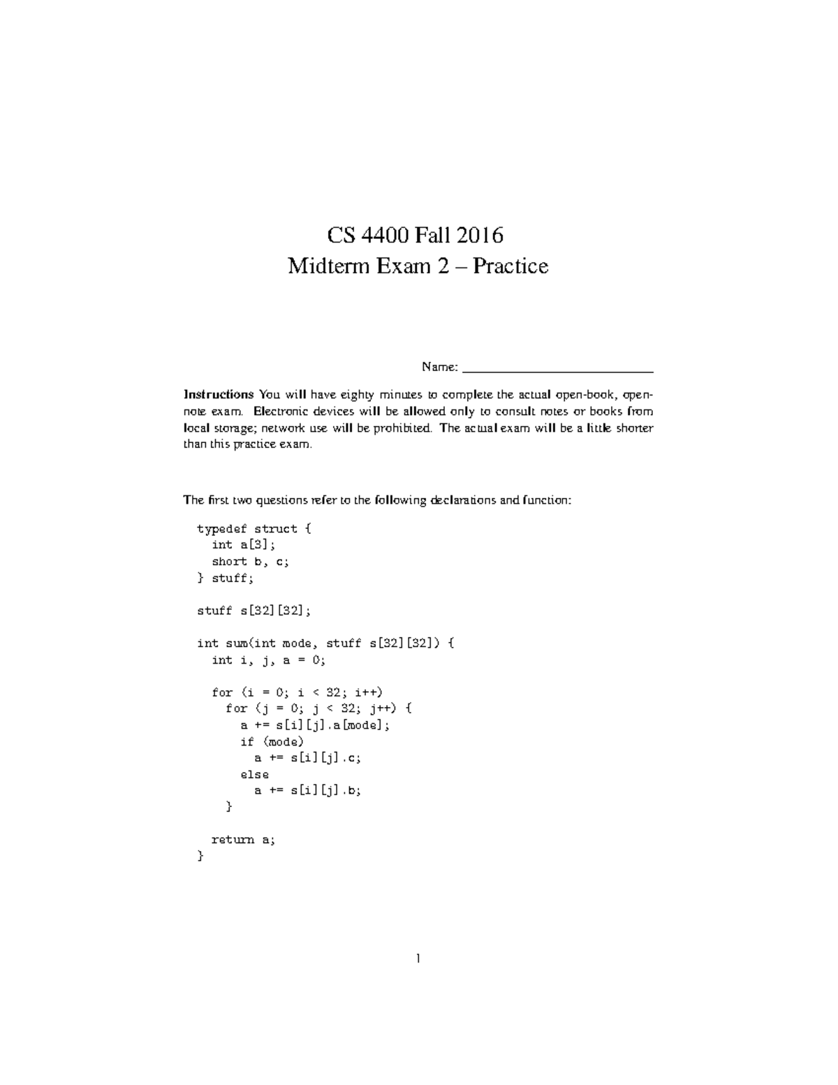 Midterm 2-practice - practice exam - CS 4400 Fall 2016 Midterm Exam 2 ...