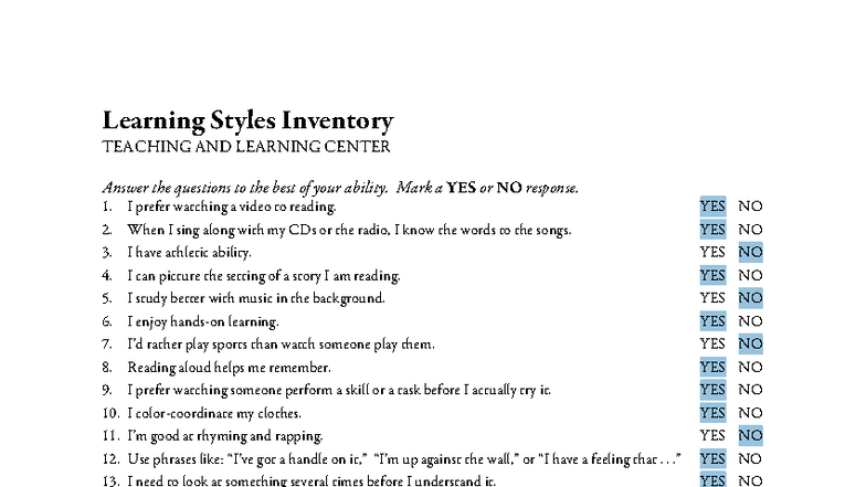 Learning Styles Inventory: Understanding Your Learning Preferences - Studocu