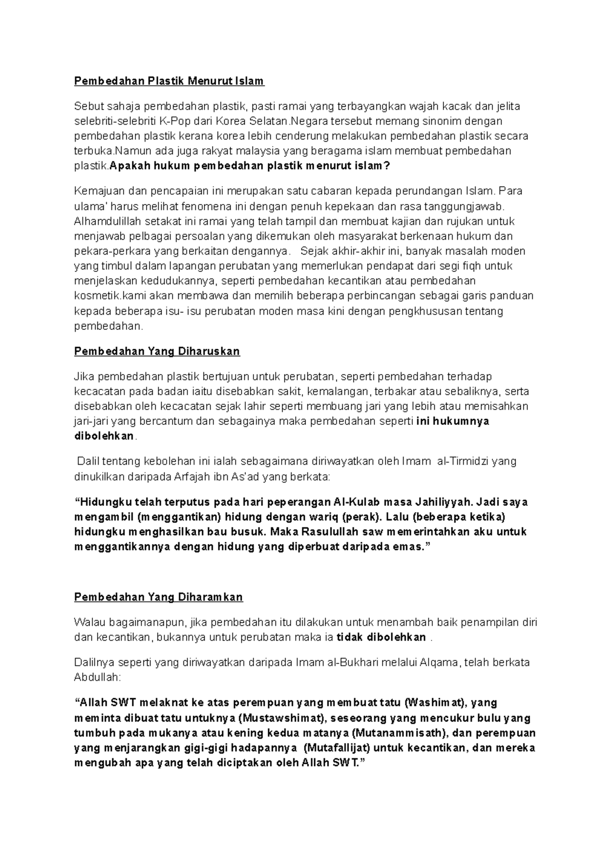 Hukum Pembedahan Plastik dalam Islam: Perspektif & Penjelasan - Studocu