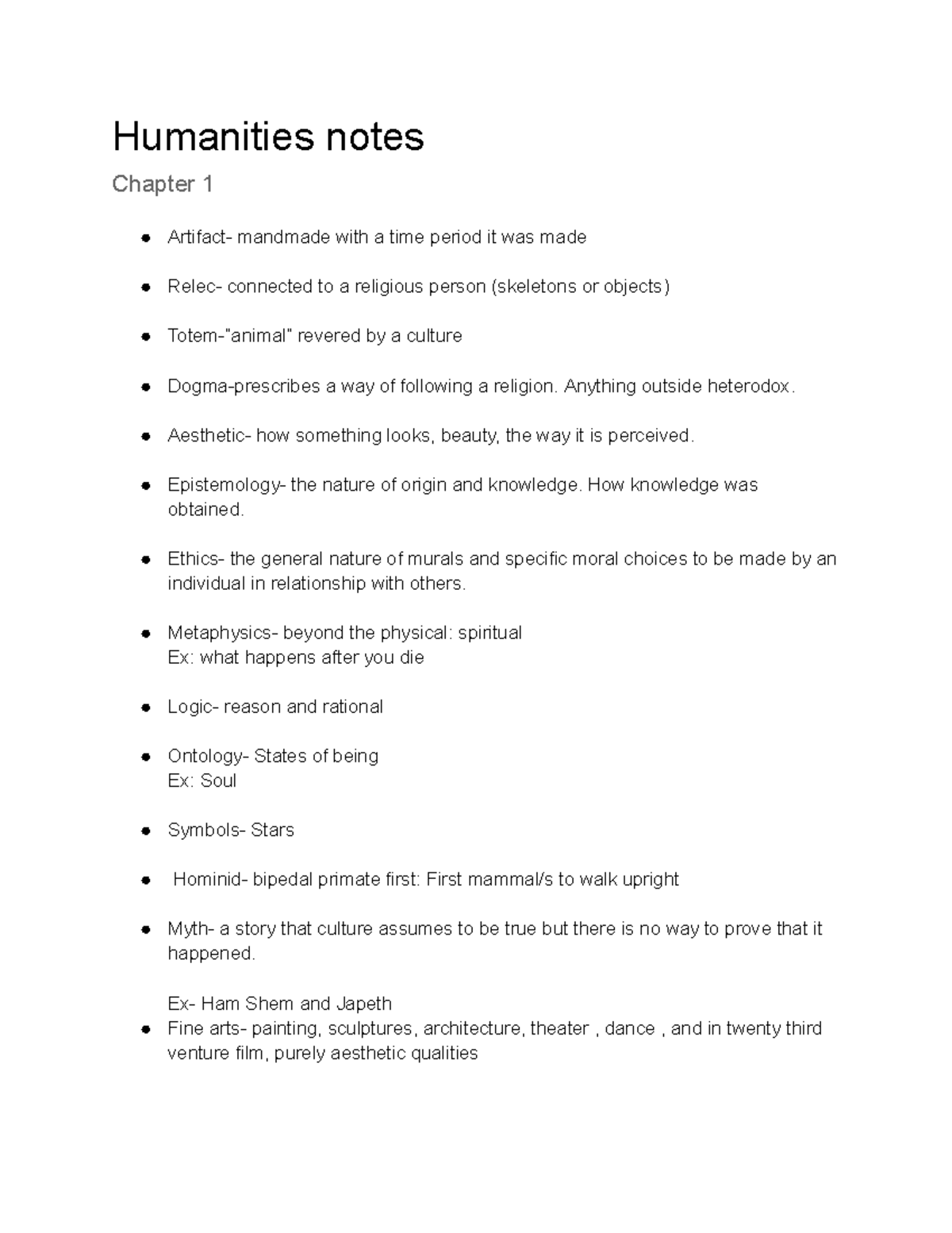 Humanities notes - Chapter 1 - Humanities notes Chapter 1 Artifact ...