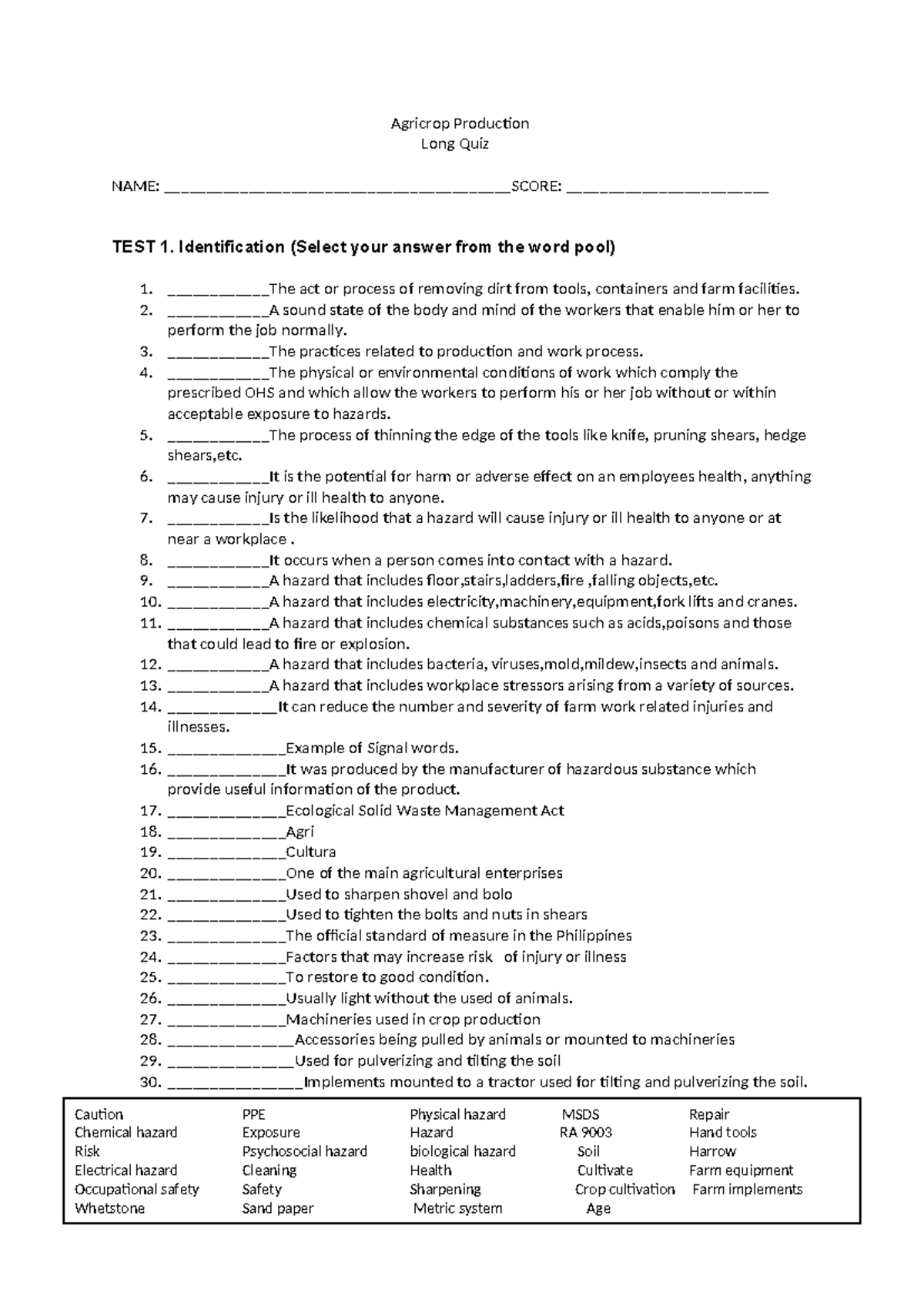 Agricrop Production Long Quiz (AGRI 101) - Test 1 Identification - Studocu