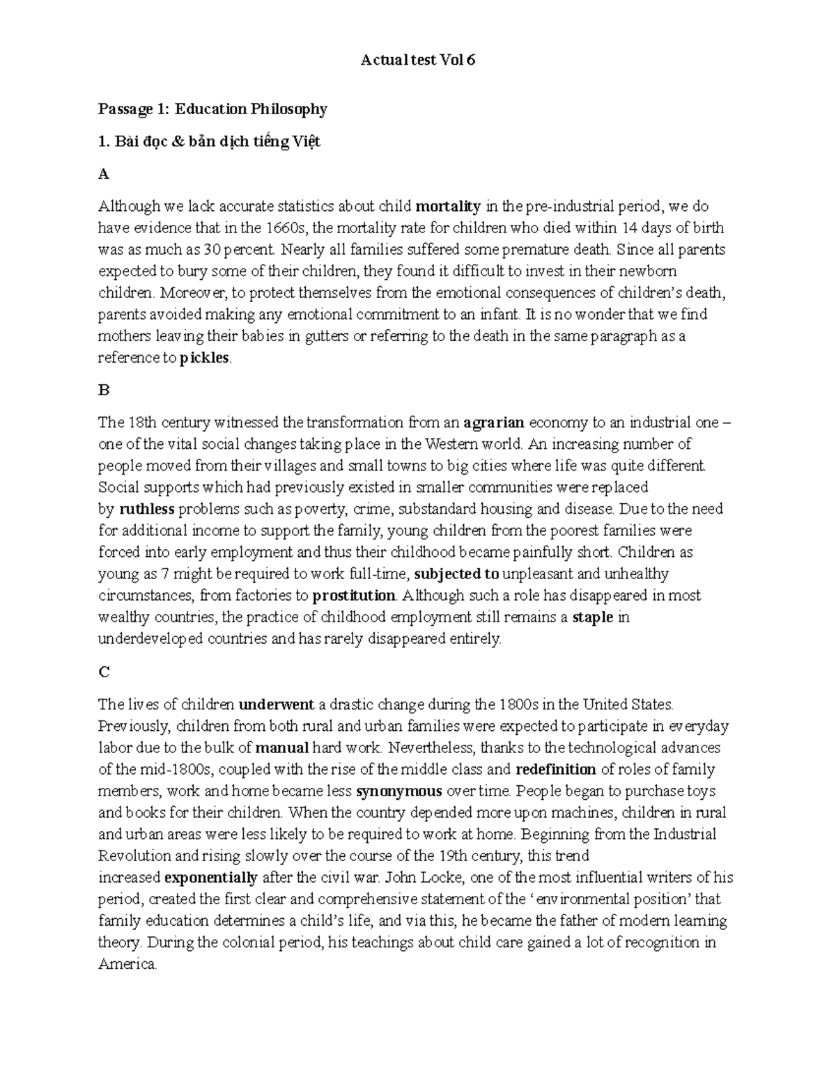 Actual Test Vol 6: IELTS Reading - Education Philosophy & Deserts - Studocu