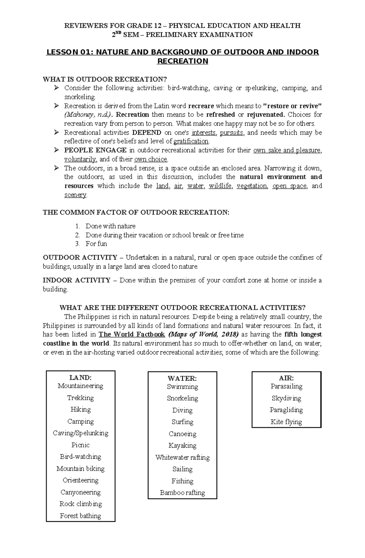 PE12-2ND SEM: Review of Outdoor & Indoor Recreation Activities - Studocu