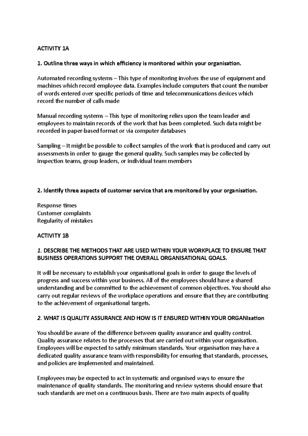 Monitor work operations - ACTIVITY 1A 1. Outline three ways in which ...