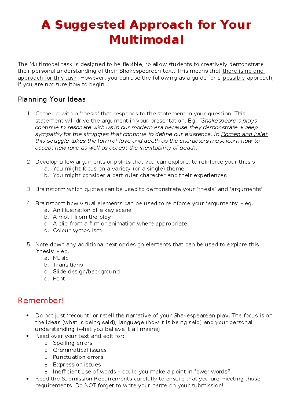 Approaching Your Multimodal Task for Shakespearean Studies - Studocu