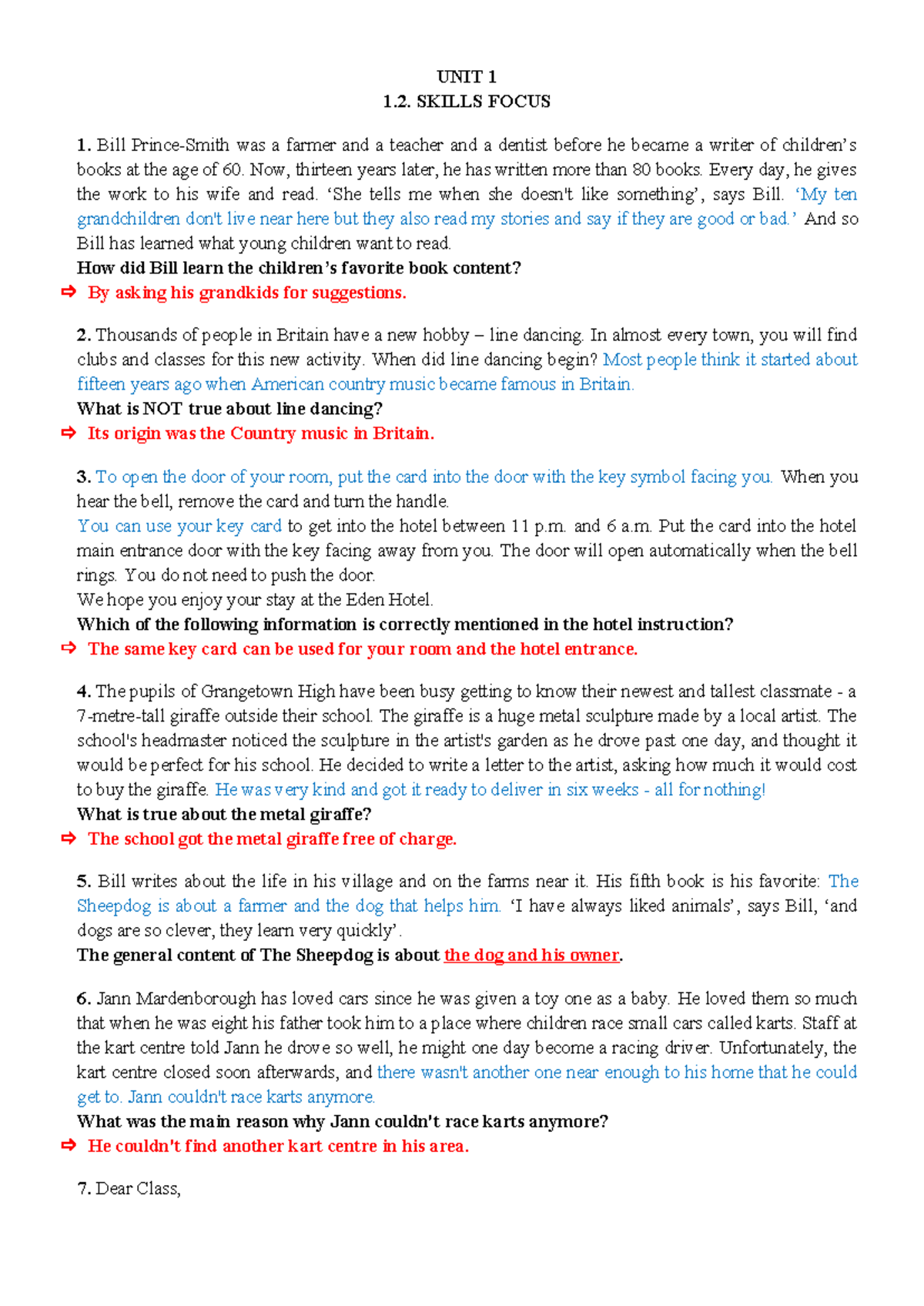 Foundation TO Reading: Unit 1 Skills Focus and Comprehension Activities ...